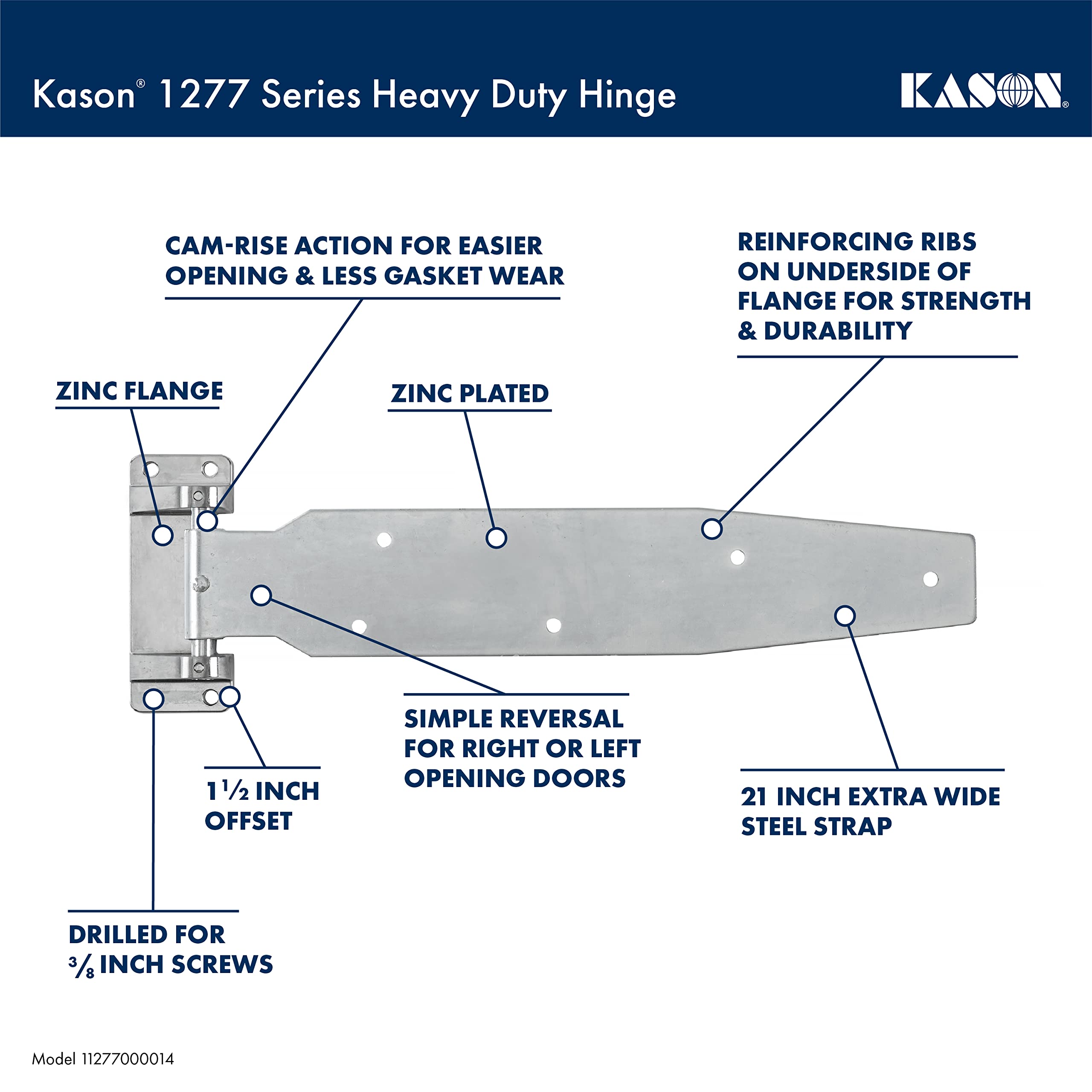 Kason 1277 Series Heavy-Duty Hinge, 1-1/2 Inch Offset, 21 Inch Strap Length, 11277000014