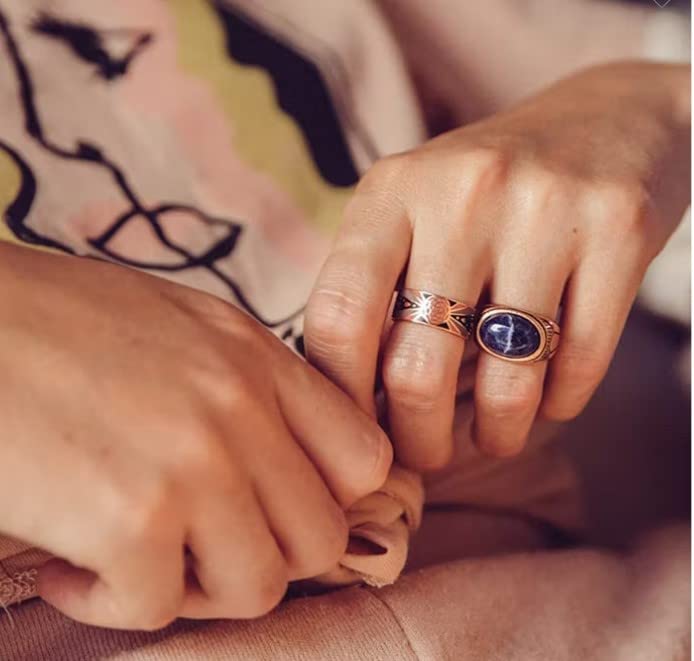 Alex and Ani Sodalite Gemstone Signet Ring for Women, 14K Rose Gold Plated Sterling Silver, Fits Ring Size 5.5