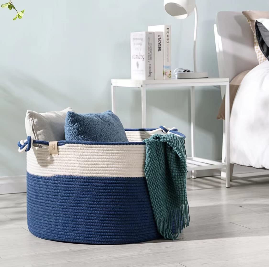 ART pinecone 2pc Extra Large(21.7*13.8) & Small(11.8*7.8) Cotton Rope Basket, Round Woven Storage Basket, Cute Toy Basket, Baby Nursery Hamper, Shelf Decorative Bin, Blue & White