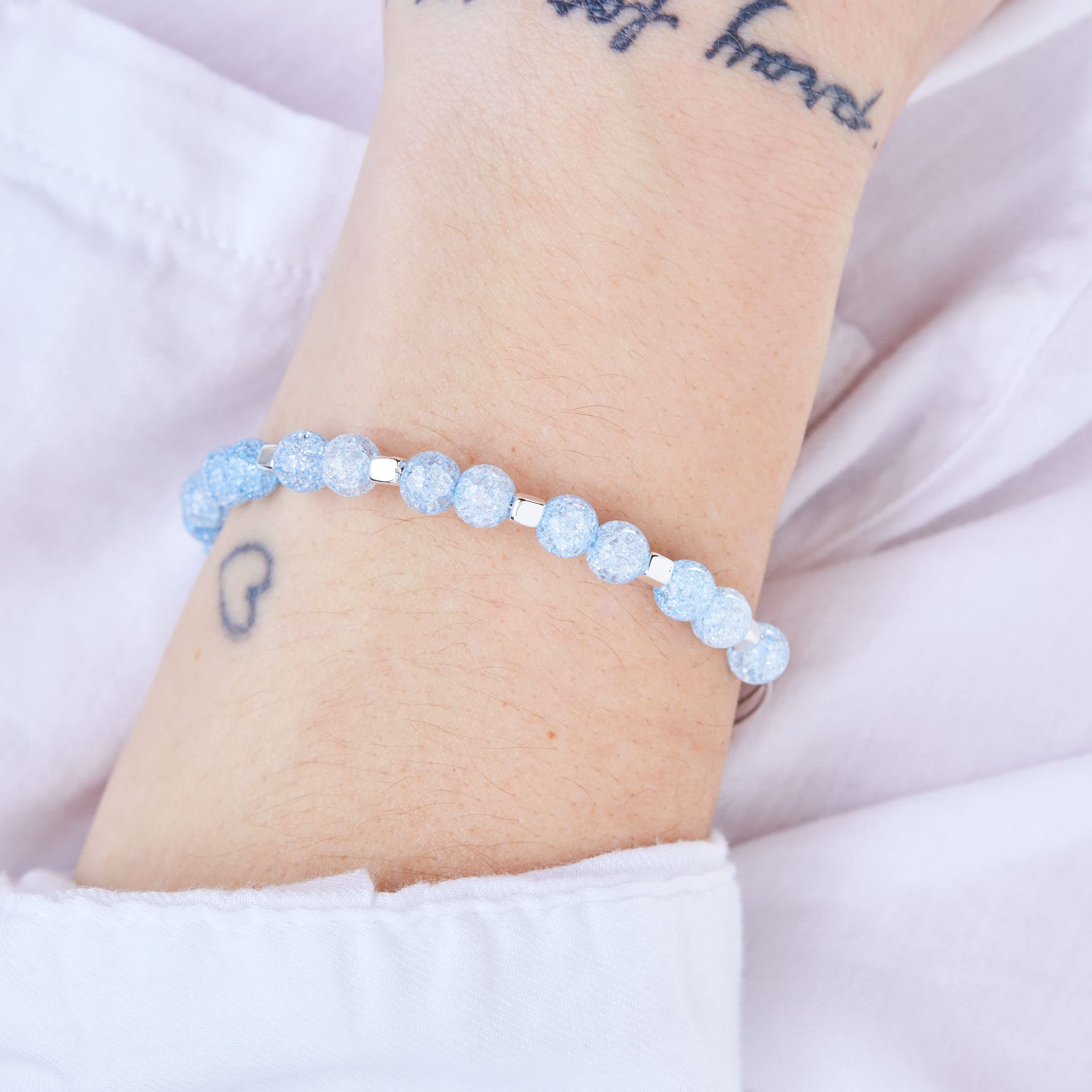 Alex and Ani Spring Celestial Beaded Expandable Bangle for Women, Powder Blue Beads, Shiny SIlver Finish, 2 to 3.5 in
