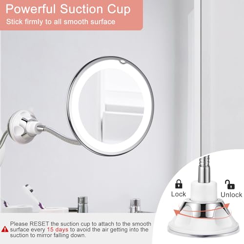 KEDSUM Flexible Gooseneck 6.8" 10X Magnifying LED Lighted Makeup Mirror, Bathroom Magnification Vanity Mirror with Suction Cup, 360 Degree Swivel, Daylight, Battery Operated, Cordless & Travel Mirror
