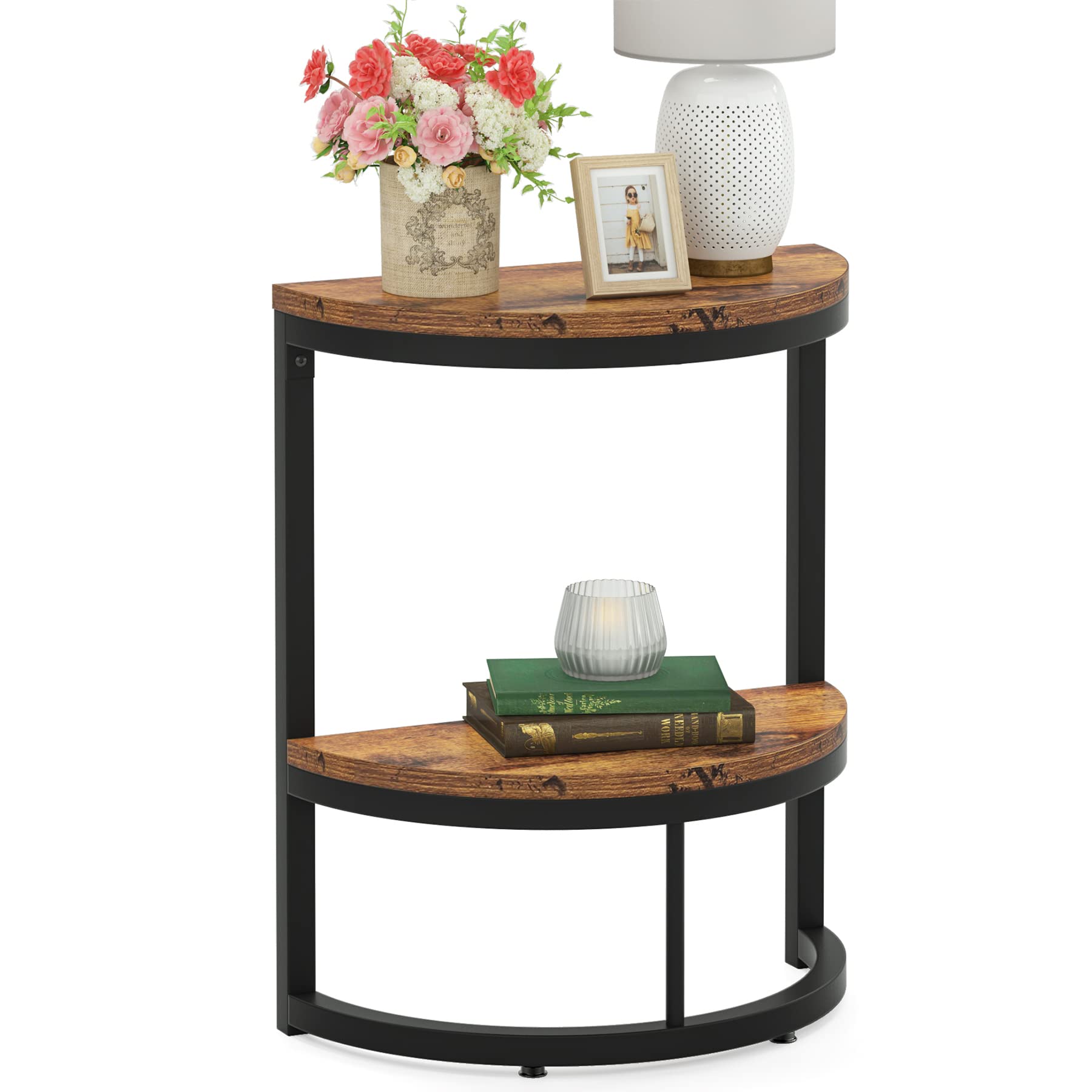 Tribesigns 2-Tier End Table Semi Circle, Small Half Round Side Table with Storage Shelf, Wood Accent Table Slim C Table for Sofa Couch, Living Room, Bedroom, Small Space, Easy Assembly, Rustic Brown