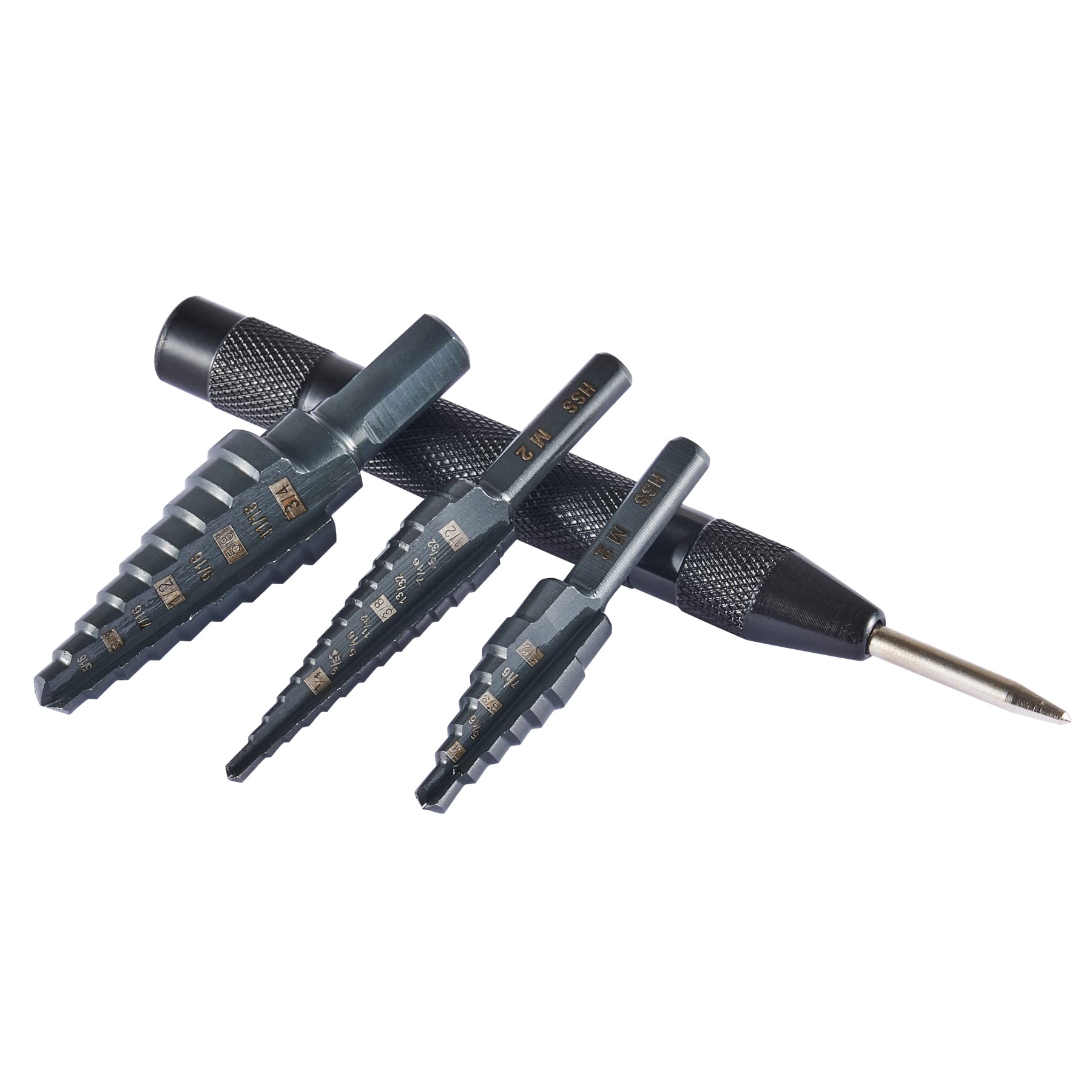 Anfrere 3PCS M2 Step Bits with Center Puch, 28 Sizes M2 HSS Step Drill Bits, 1/8 to 1/2" High Speed Steel Unibit Drill Bits Set for Sheet Steel Metal, Multiple Hole Stepped Up Bits Home Tools, 1014