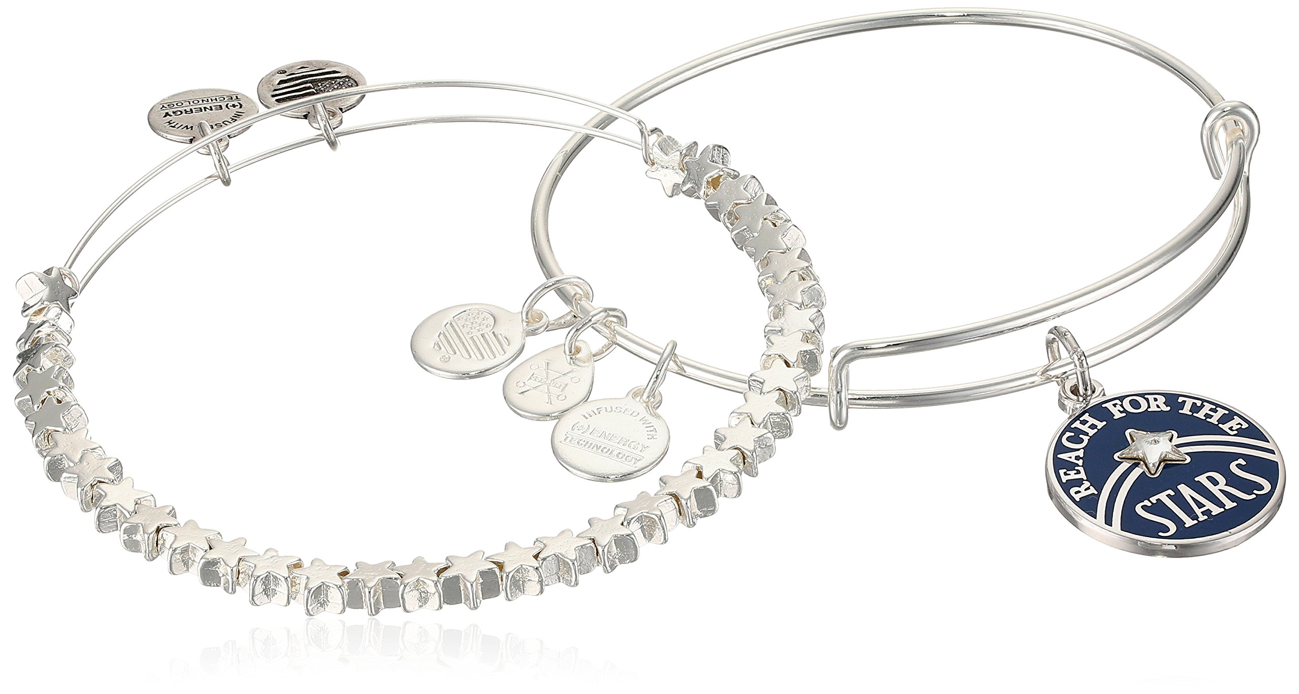 Alex and Ani Womens Reach for The Stars Set of 2 Bangle Bracelet, Shiny Silver, Expandable