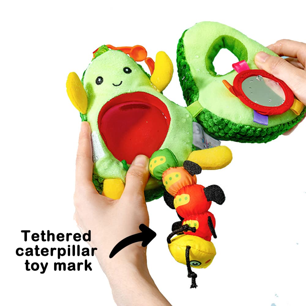 Avocado Stroller Toy with Peekaboo Caterpillar and Mirror, Soft Hanging Rattle & Crinkle Set, Sensory Plush Rattle Toy, Caterpillar Eating Avocado