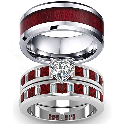 AJZYX His Hers Couples Matching Rings Women's 2pc White Gold Plated Heart Shape Simulated Ruby CZ Engagement Ring Bridal Sets & Men's Stainless Steel Wedding Band Women Size 7