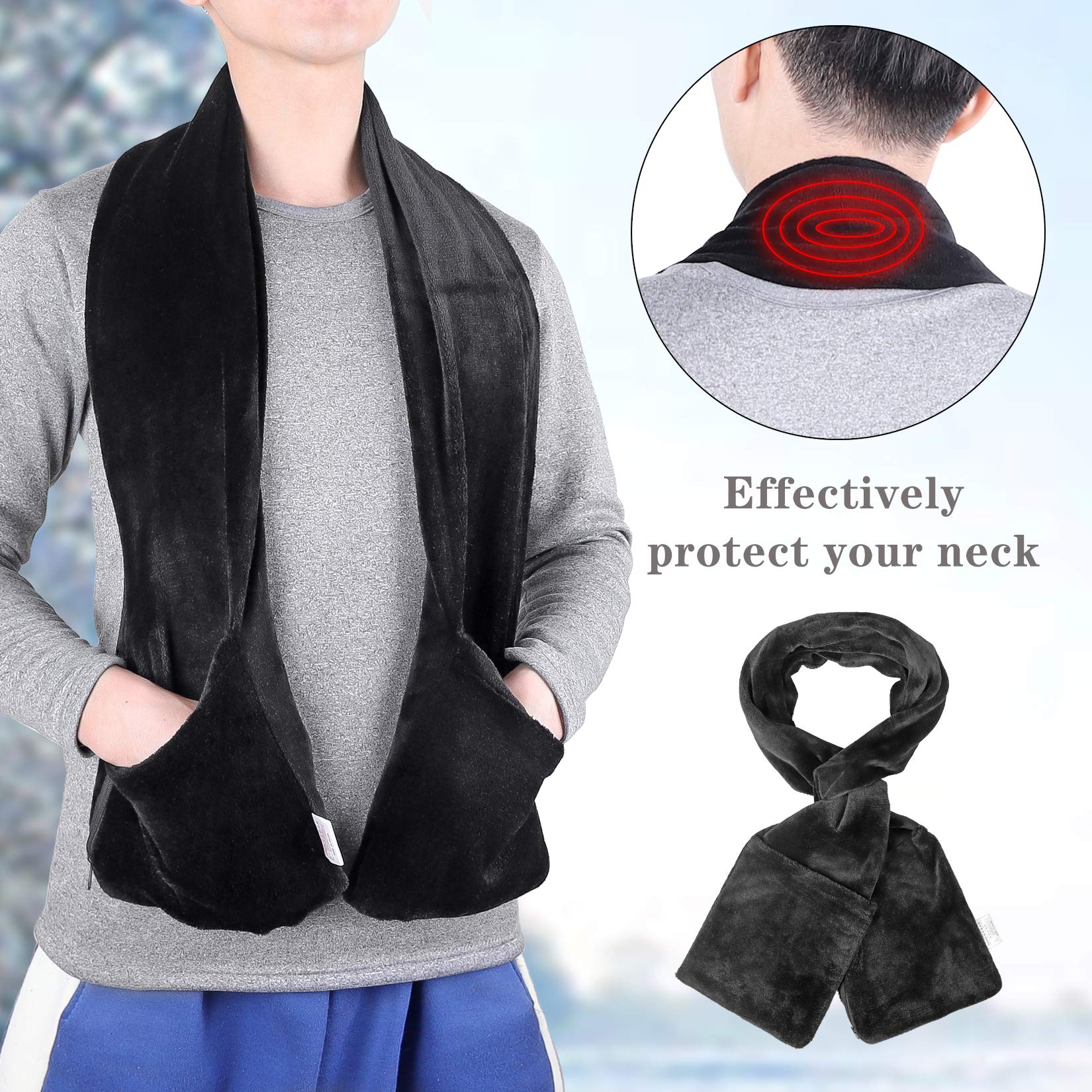AK-SHIP Heated Scarf, USB Heated Shawl Electric Neck Warmer with Double Pockets Thermal Scarf Warming Mask and 5000mAh Power Bank [Black]