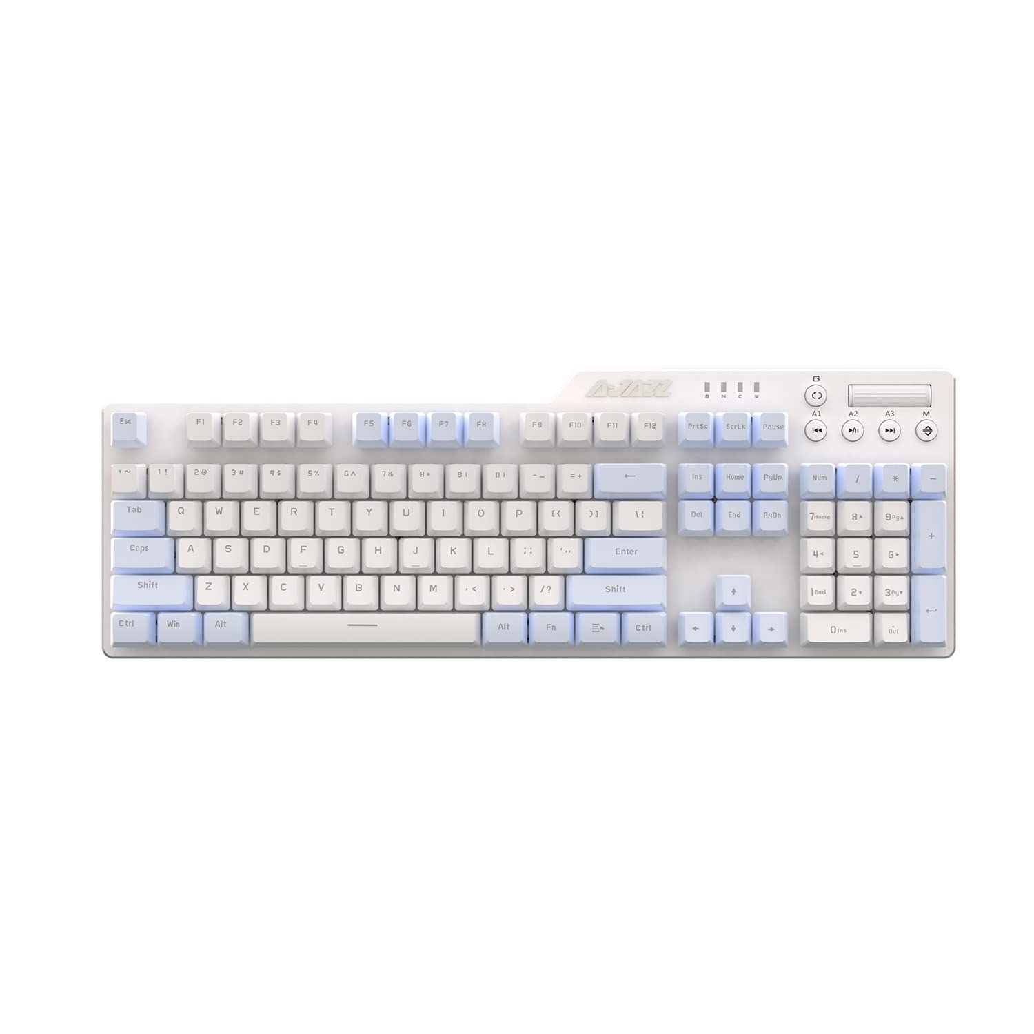 AK35I Hot-Swappable Wired Full-Size Mechanical Gaming Keyboard with Brown Switches, Blue-White Matching, Anti-Ghosting Multimedia Keys Roller, White Backlit, Programmable Macro, Aluminum White