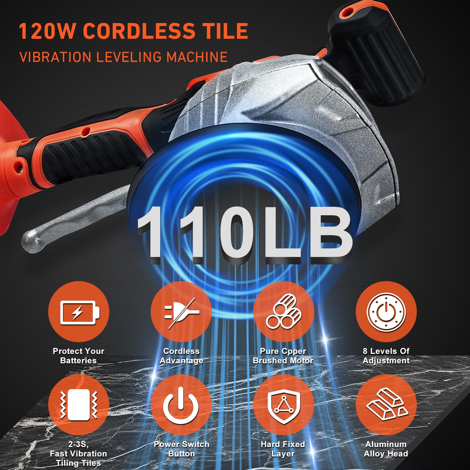 Cordless Tile Vibration Leveling Machine for DEWALT 20V Max Battery, AODERTI Tiler Vibrator Tool with 8 Adjustable Speed, Suction Cup, Digital Display and Lock Design for Tile, Floor, Wall (Tool Only)