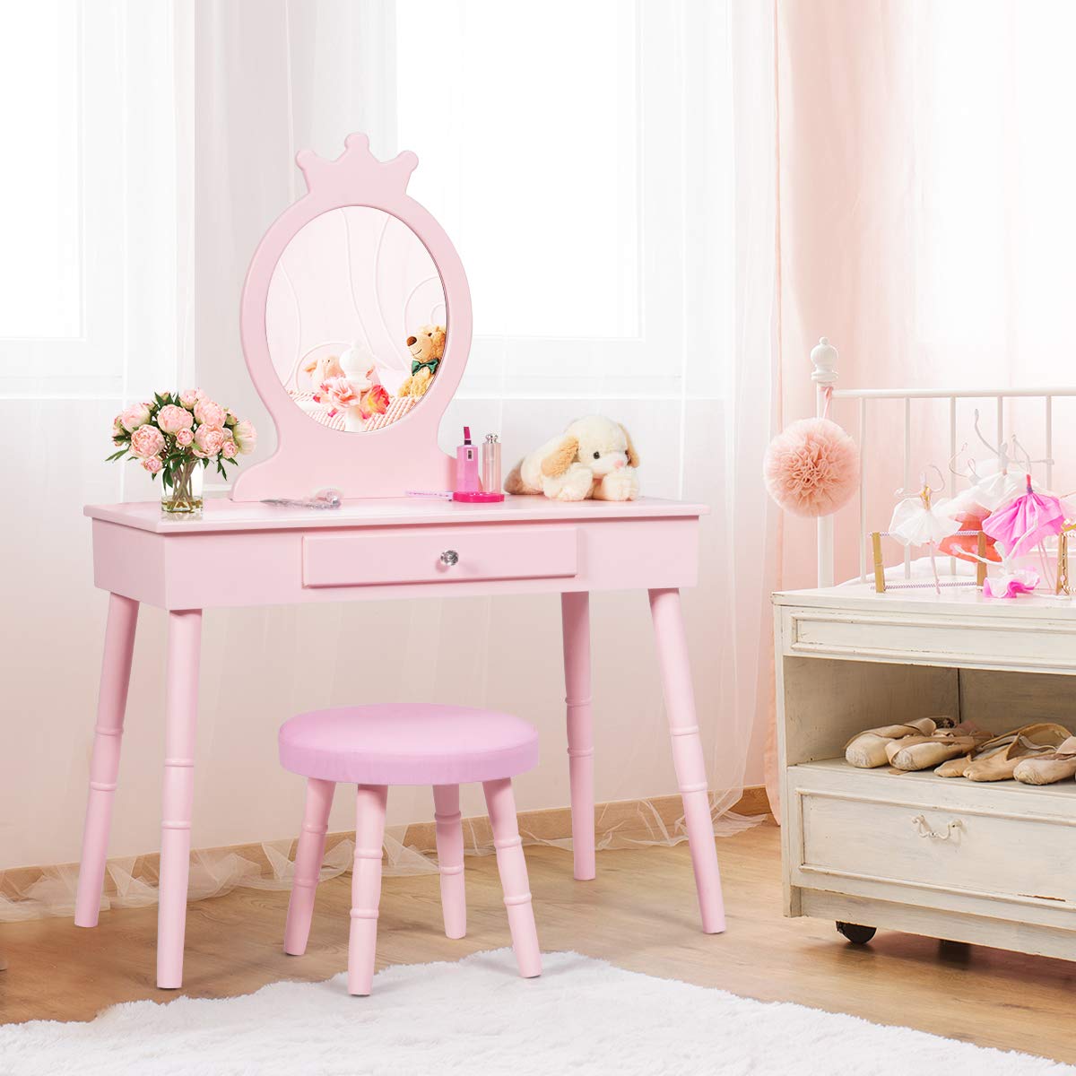 Casart Wooden Kids Vanity Set, Makeup Table and Stool Set with Mirror, Pull-Out Drawer and Cushioned Stool, Perfect Dressing Table Set for Children,Child Pretend Beauty Play Vanity Set, Pink