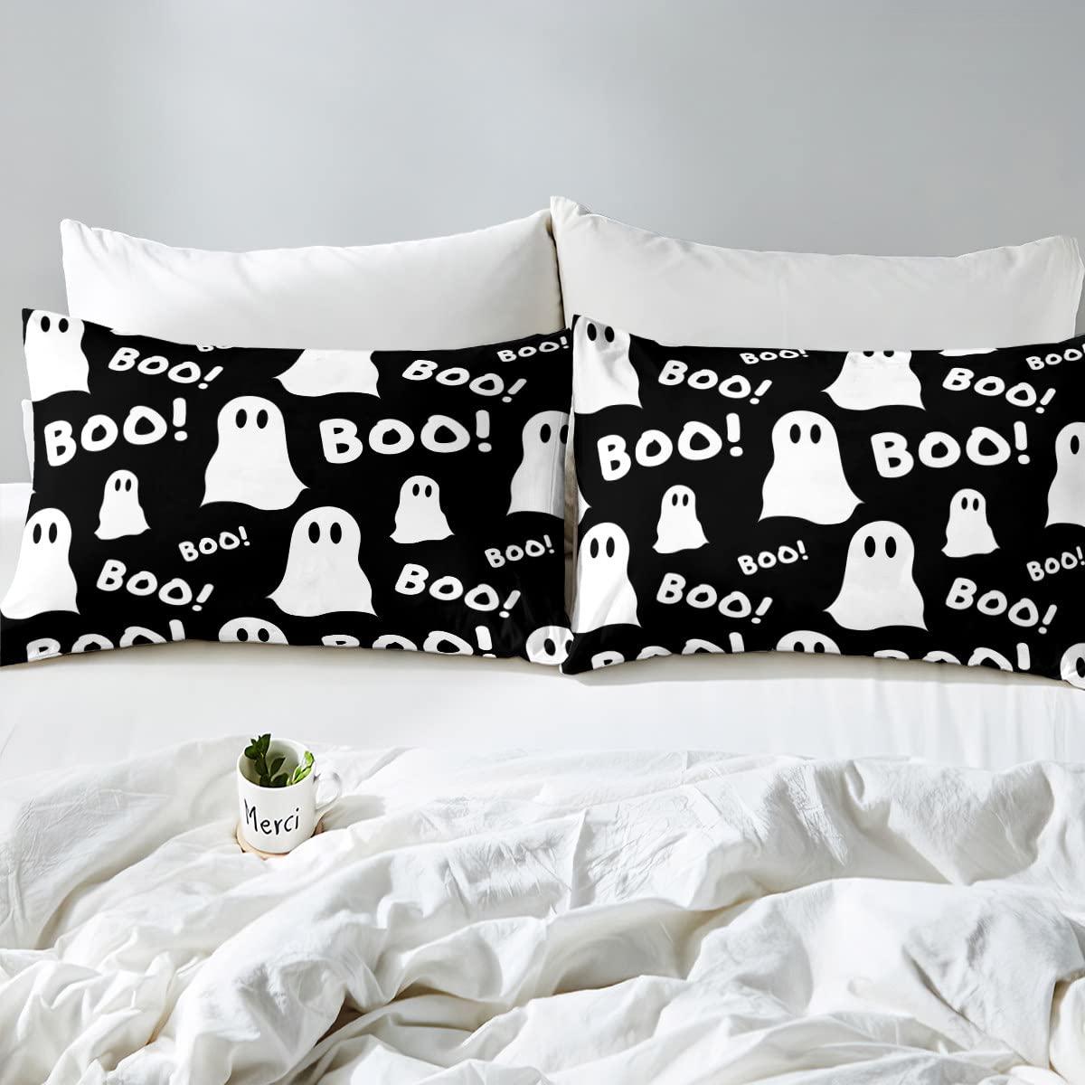 Castle Fairy Funny Ghost Fitted Sheet Queen Size Happy Halloween Theme Bedding Set Black White Sheet Set,Cartoon Ghost Bed Cover Ultra Soft Breathable Bedspread 3 Pcs for Kids Teens Boys
