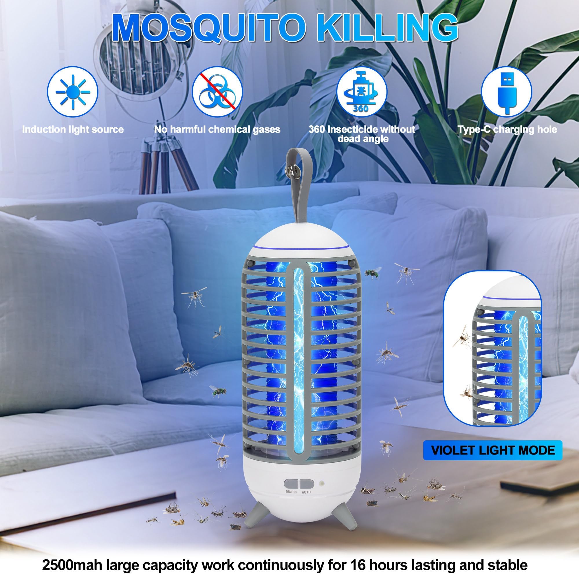 Bug Zapper,Wireless Mosquito Killer Lamp, Indoor and Outdoor Mosquito Killer Lamp, Rechargeable 2 in 1, Suitable for Patio, Home, Backyard, Yard, Garden, Campsite (Blue)