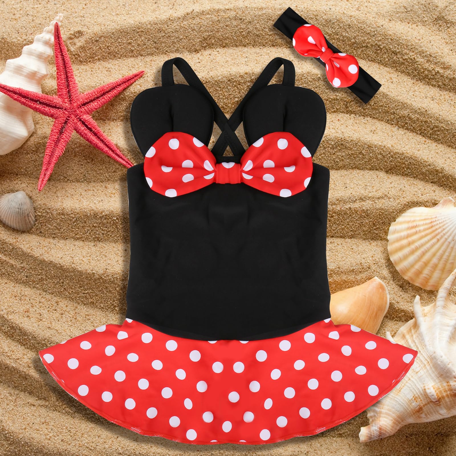 Kid Toddler Baby Girls Bathing Suit Bow Dot One Piece Swimsuit Swimwear, Red Black, Large