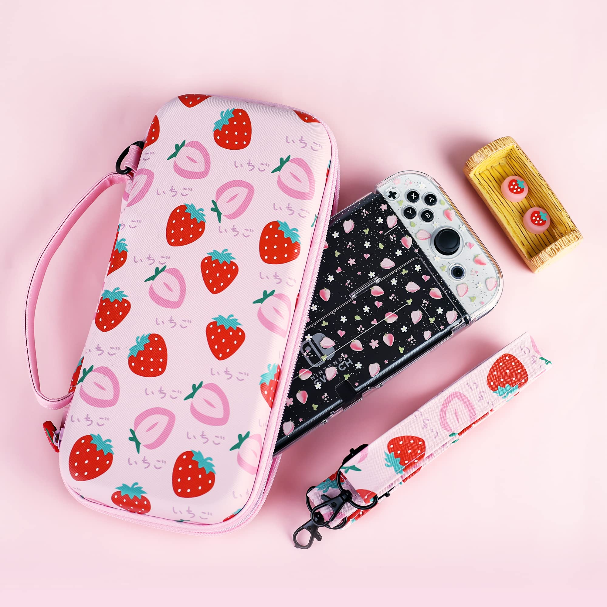 FANPL Cute Carry Case Bundle for Nintendo Switch OLED 2021, Cover Accessories Set with Pink Strawberry Travel Bag, Glitter Strawberry PC Shell, Adjustable Shoulder Strap, Thumb Grips, Screen Protector