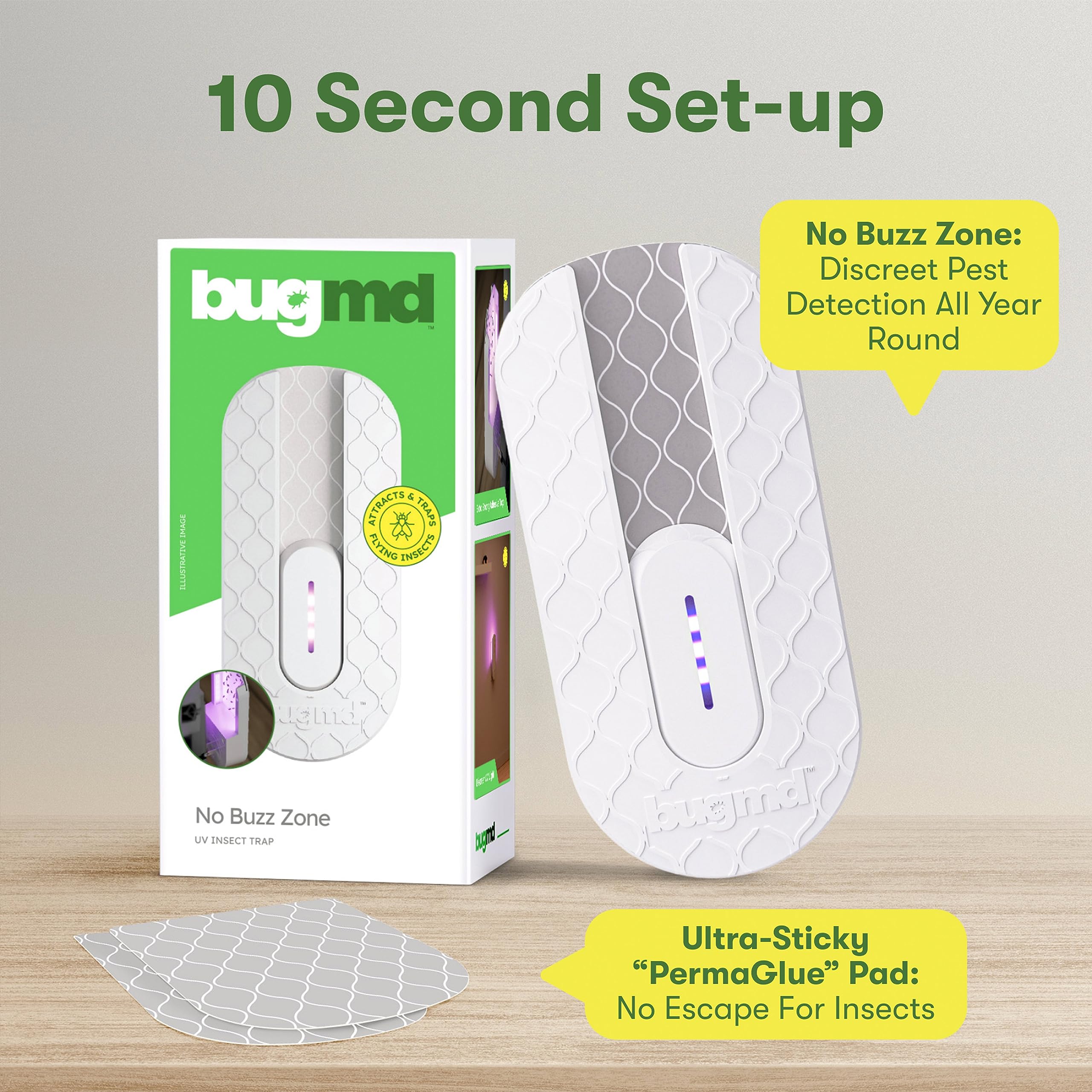 BugMD No Buzz Zone - Flying Insect Trap Catcher Indoor Fly Safer Home Fruit Traps for Gnat Moth Mosquito Bug Light Plug in Killer Refillable Uv Zapper Flea Inside and Indoors