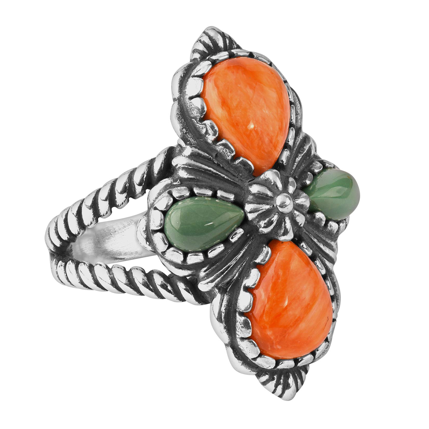 American West Sterling Turquoise & Spiny Oyster Gemstone Flower Cross Ring Size 9