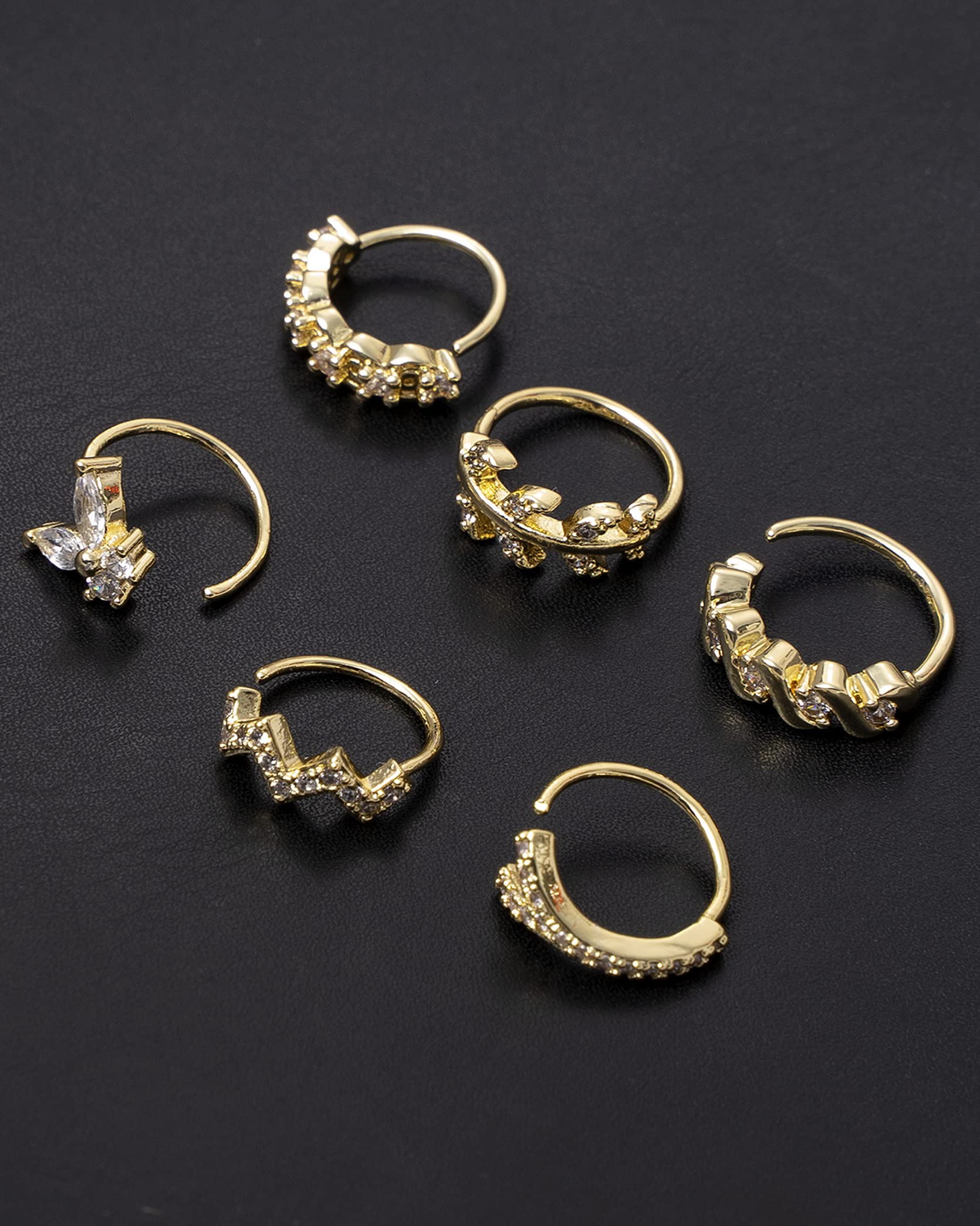 Akeoqi 12Pcs Nose Ring Hoop Cartilage Earring Cute Leaf Star CZ Butterfly Paved Nose Piercing Jewelry 20G for Women men Gold Tone