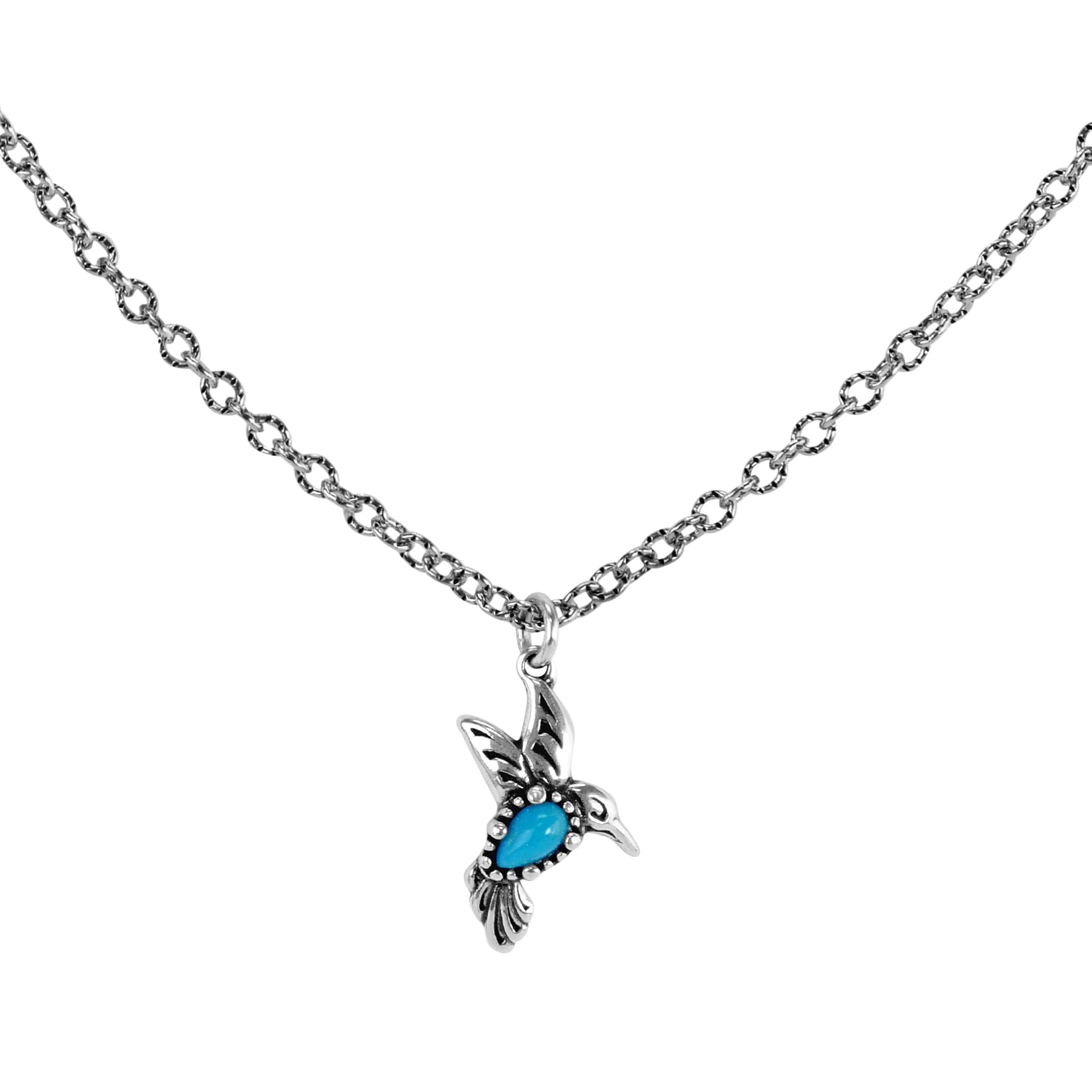 American west Sterling Silver Blue Turquoise Gemstone Hummingbird Necklace 17 to 19 Inch
