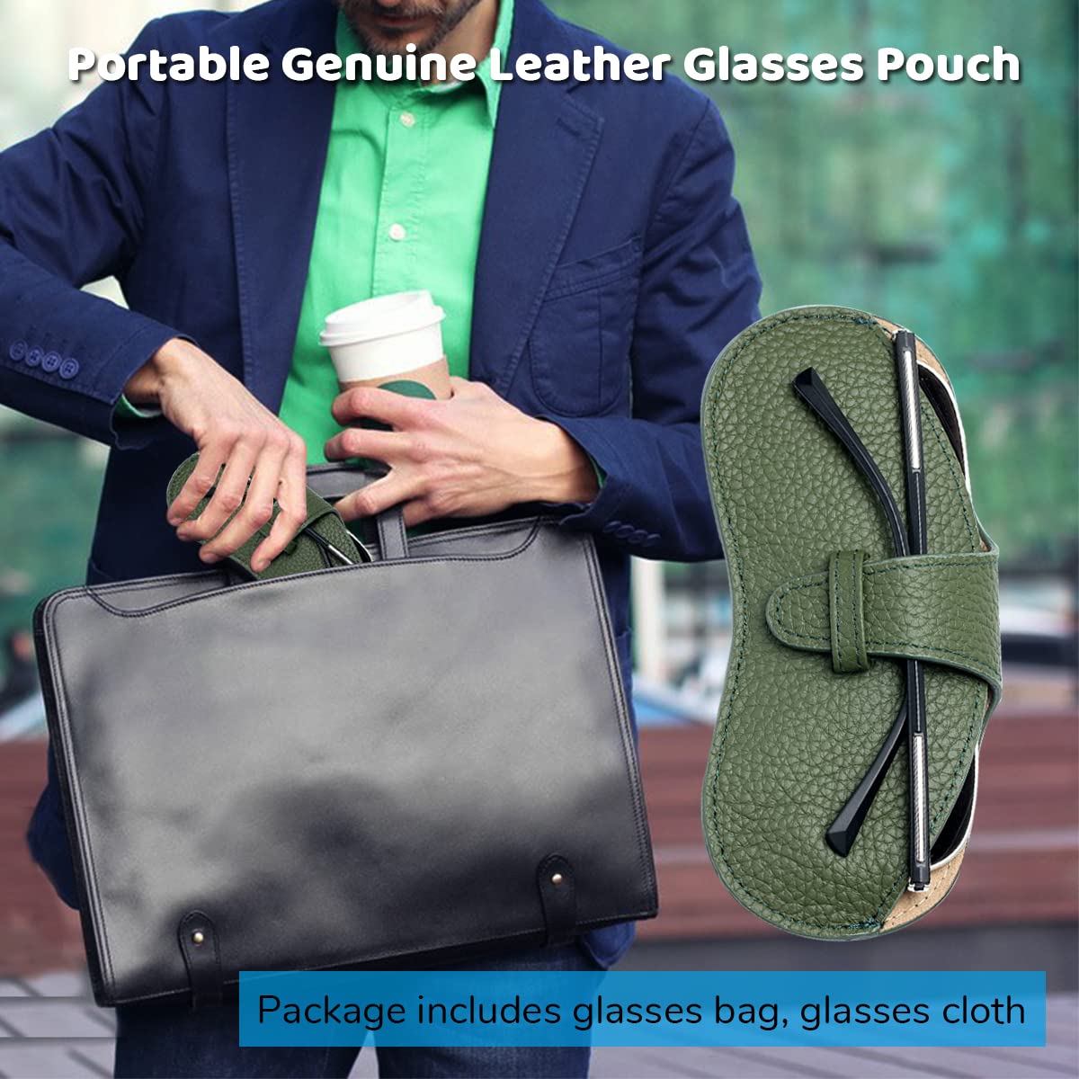 Axcvveiyi Portable Genuine Leather Glasses Case, Slim Travel Sunglasses Pouch, Soft Reading Eyeglasses Case (Green)