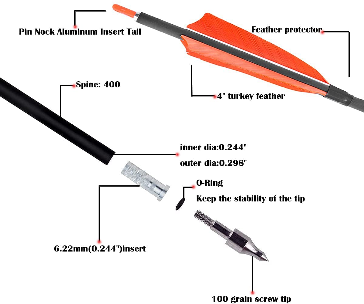AMEYXGS 6/12 Pcs 34 Inch Archery Carbon Arrows 400 Spine Hunting Compound Arrows with 4” Turkey Feather Target Practice Arrow for Compound and Recurve Bow (Orange set, 12 pcs)
