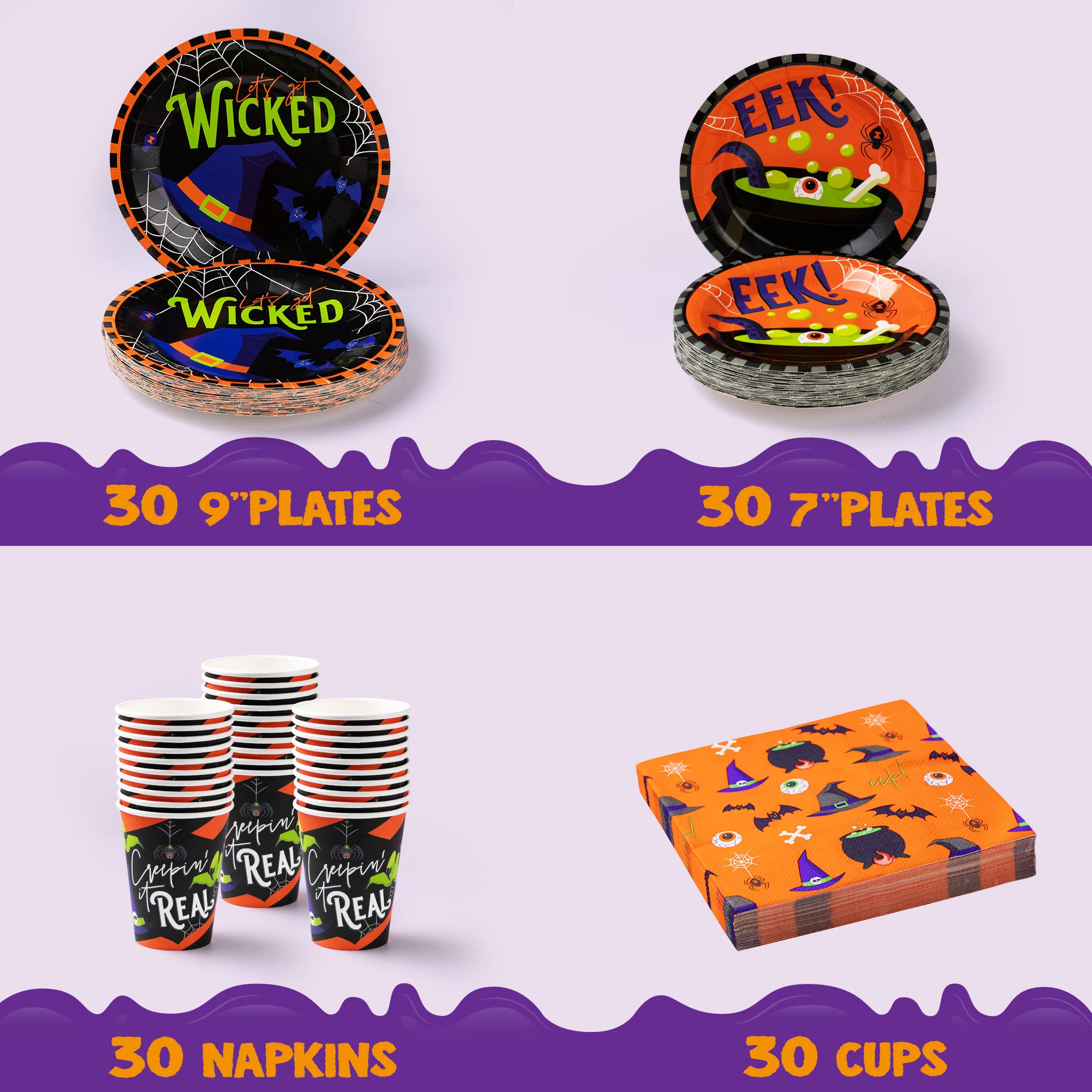JOYIN 120 PCS Halloween Party Supplies Set with 30 Pcs Plastic Cups, 30 Pcs 9" Paper Plates, 30 Pcs 7" Plates and 30 Pcs Napkins (Serve 30), Halloween Themed Tableware Set Party Decorations