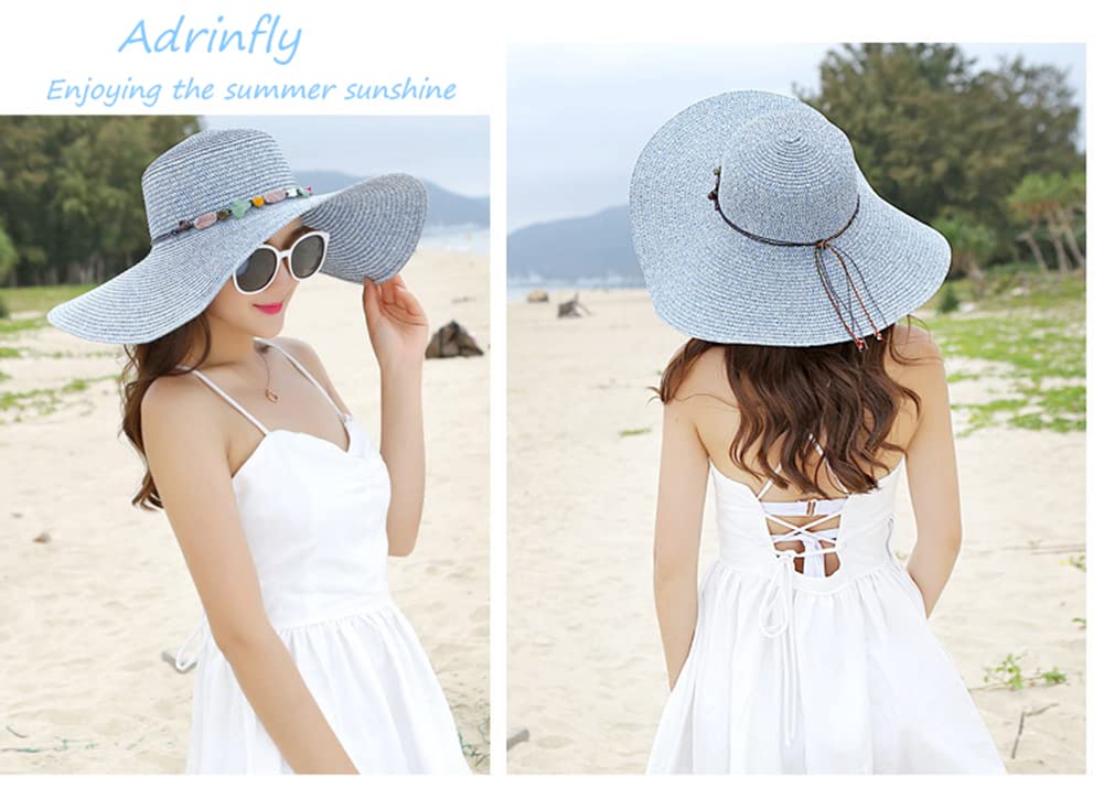 Adrinfly Women Floppy Beach Hat, Wide Brim Straw Sun Hat, Travel Foldable Packable Adjustable Summer Accessories UV UPF 50+ Navy