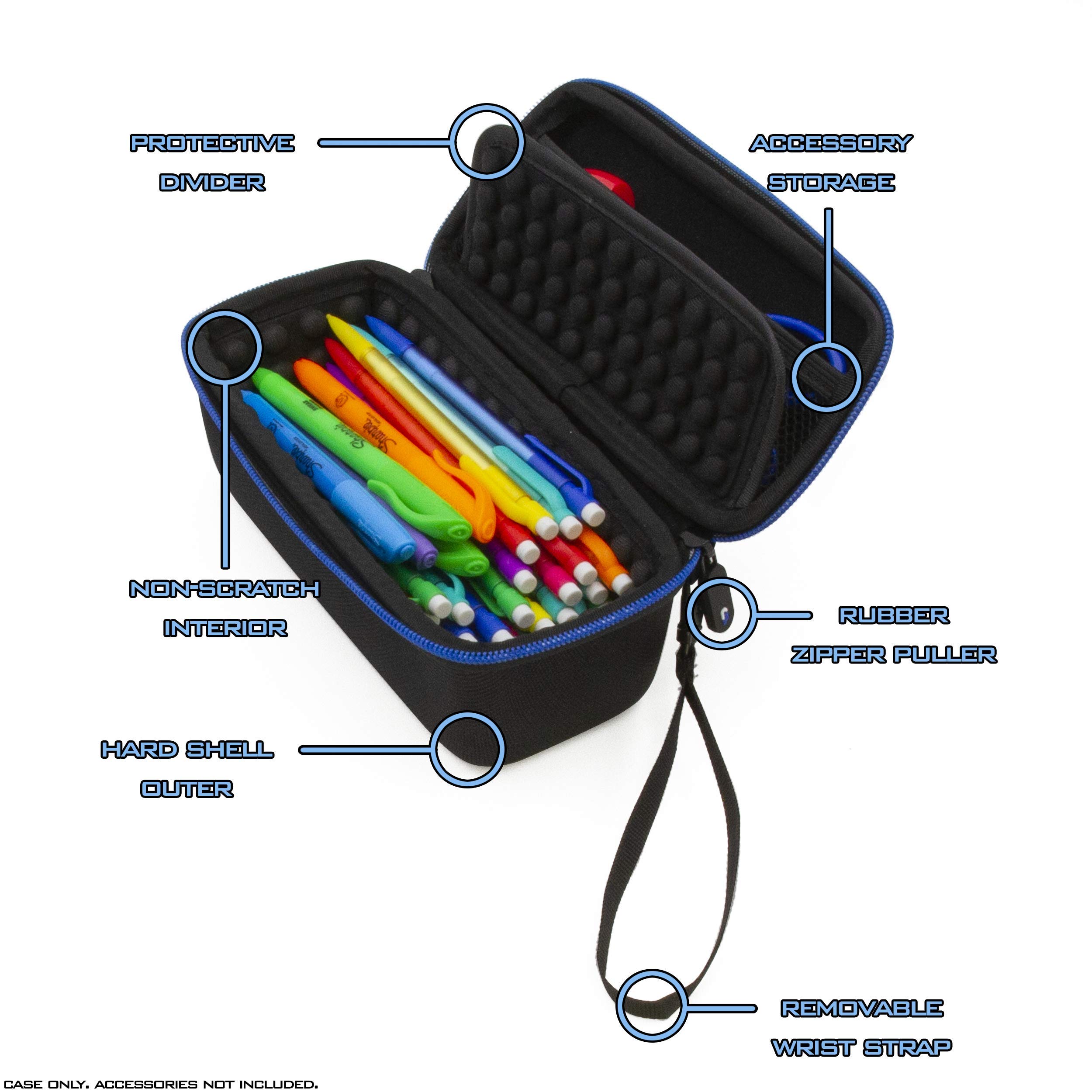 CASEMATIX Pencil Case and Protective Pencil Pouch with Removable Wrist Strap - Large Pencil Bag for 50+ Pens, Pencils and Markers with Padded Divider, Netted Accessory Storage and More - Case Only