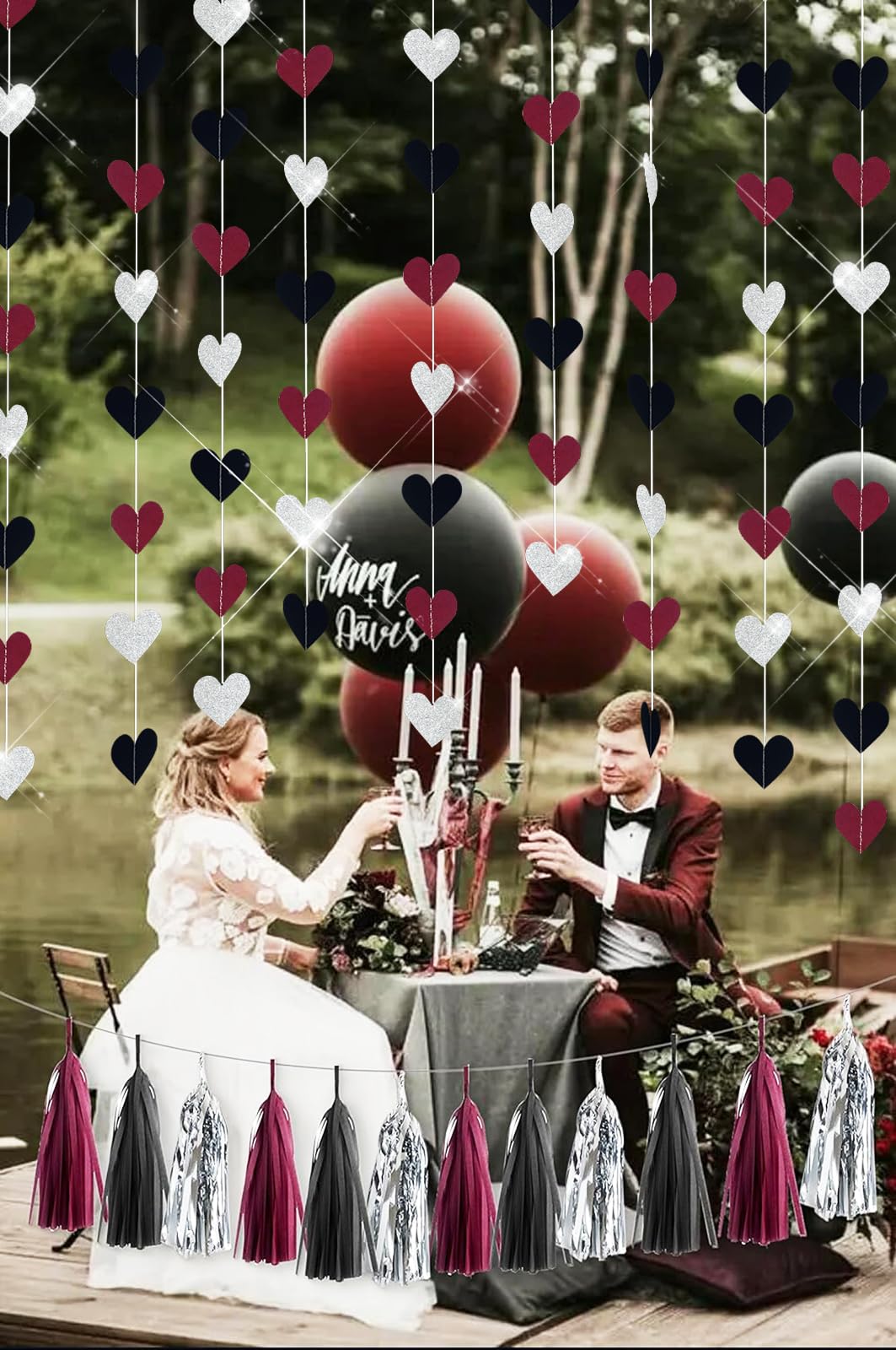 Bridal Shower Decorations Maroon Black/Wedding Decorations/Burgundy Valentine's Day Garland Decorations/Maroon Black Birthday Party Decorations Burgundy Black Heart Paper Garlands 2pcs