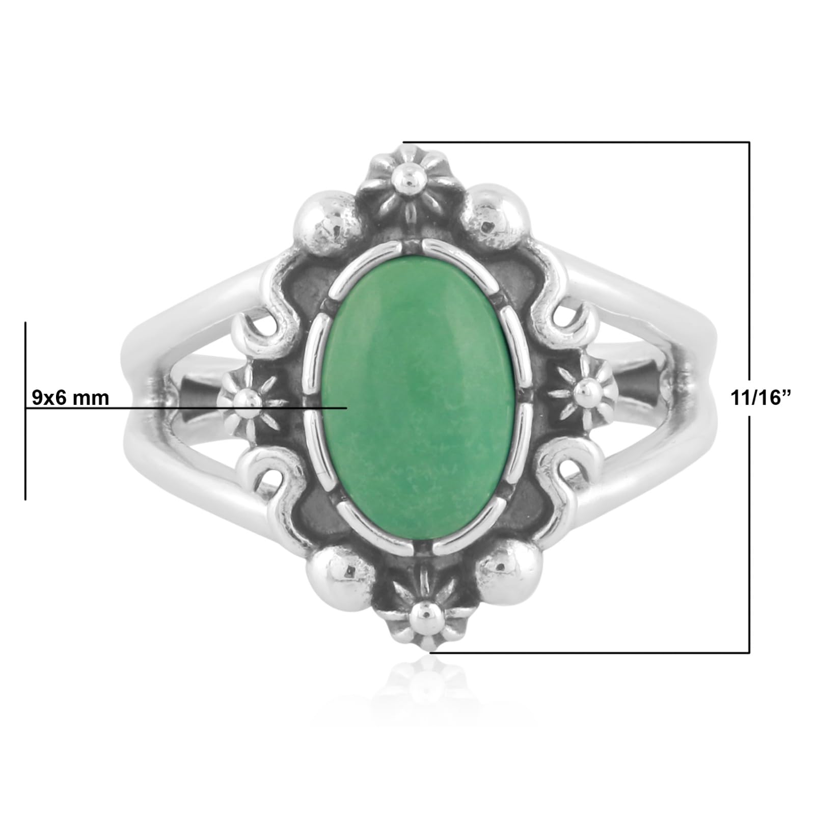 American West Sterling Silver Women's Statement Ring Green Turquoise Gemstone Flower Swirl Oval Design Size 8