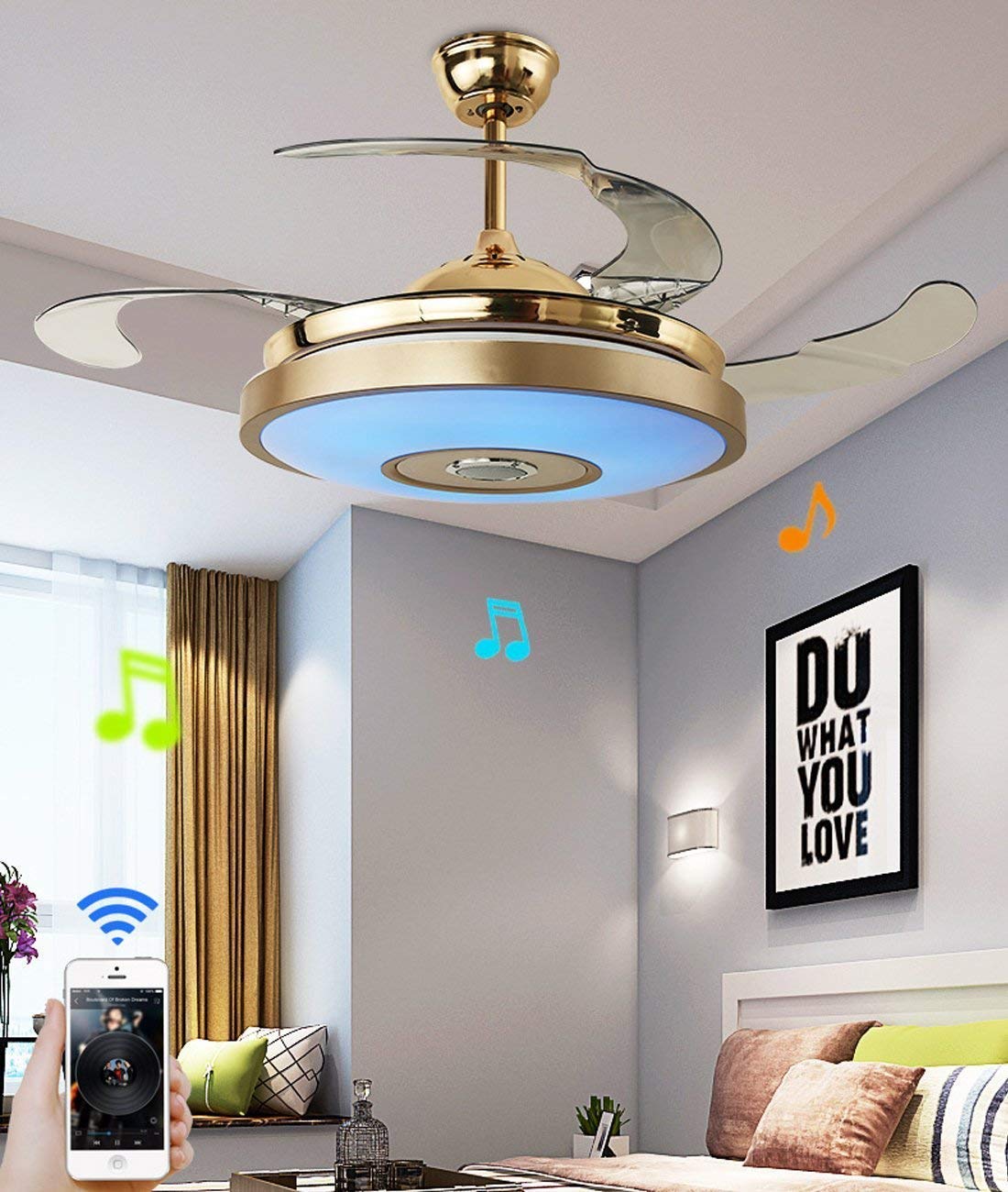 AFANQI 36" Modern Smart Bluetooth Music Player Ceiling Fan With Light, With Remote Control Dimmable 7 Colors 3 Speed Stealth Blade LED Silent Motor Ceiling Fans (36-style 2)