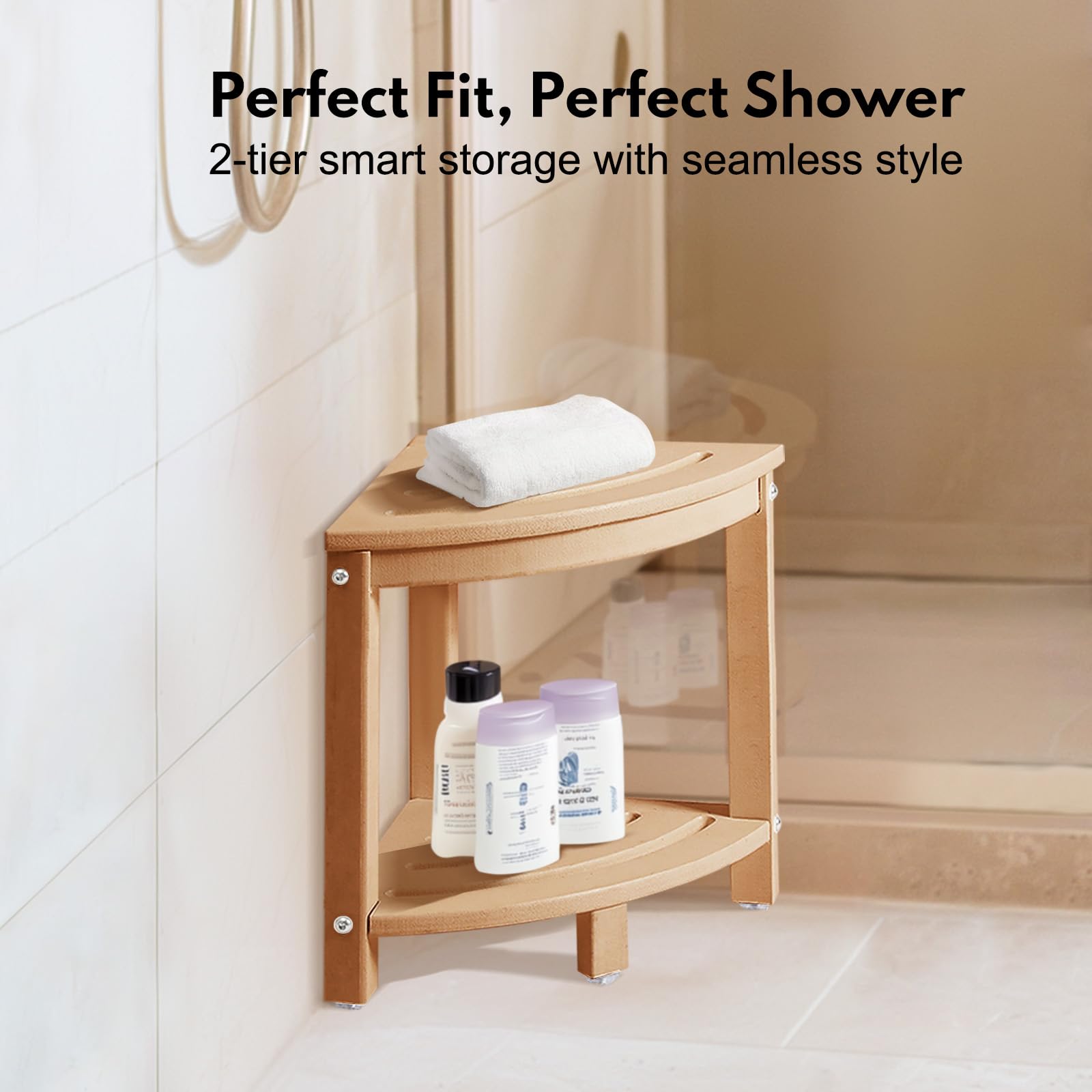 Corner Shower Stool for Inside Shower, HDPE Shower Stool for Shaving Legs, Waterproof Shower Bench with 2-Tier Storage, Small Shower Stool for Bathroom, Living Room, Bedroom , Non-Slip Feet, White
