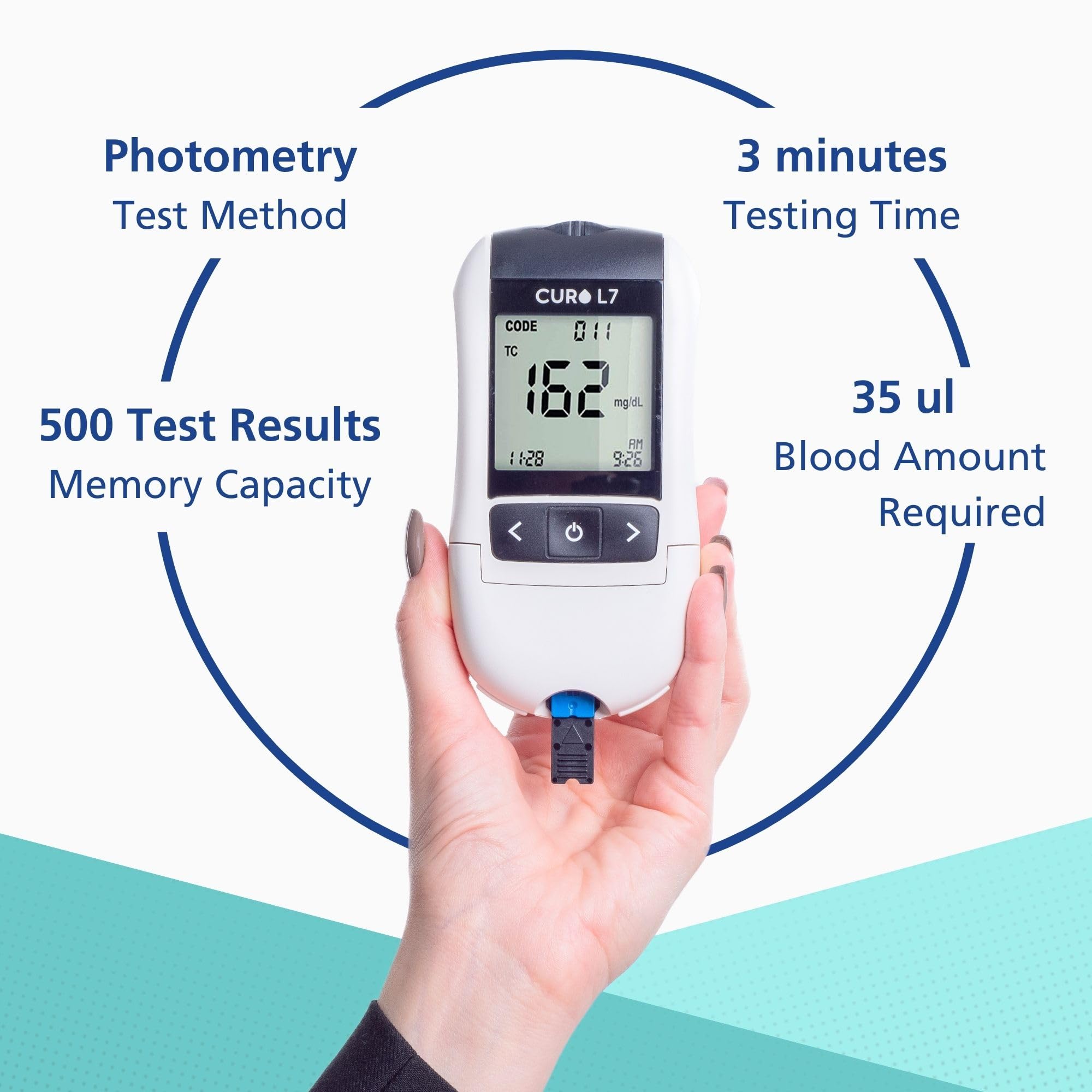 CURO-L7 Professional Grade Blood Cholesterol Testing with Home KIT - All-in-One Test Device, Test Strips 5ea, Lancets, and EziTube Rod Included