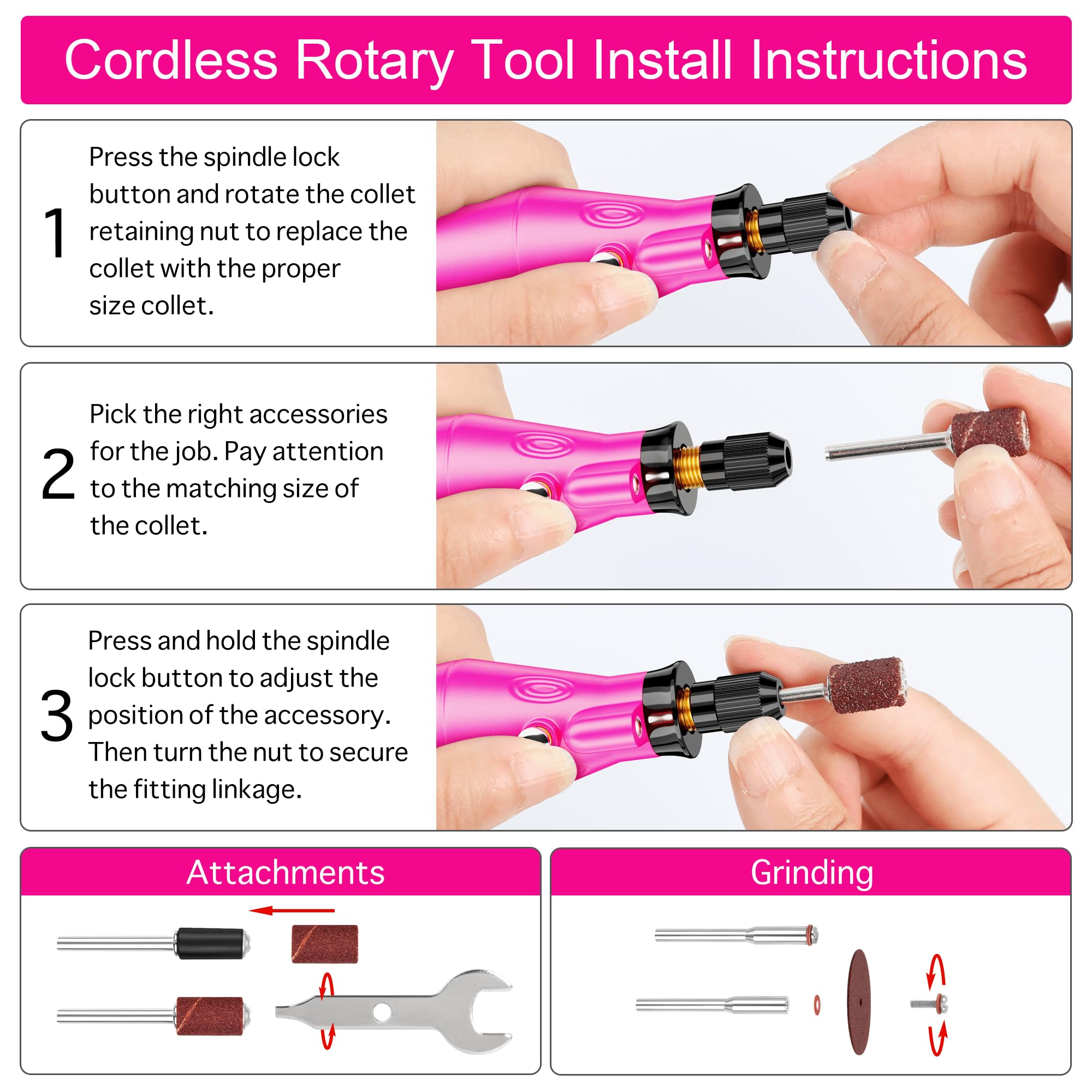Cordless Rotary Tool, 6 Speed 4V USB Charging Rotary Tool Kits with 62 Accessories, Multi-Purpose Power Rotary Tools for Sanding, Cutting Polishing, Drilling, Engraving, DIY Creations. (Pink)