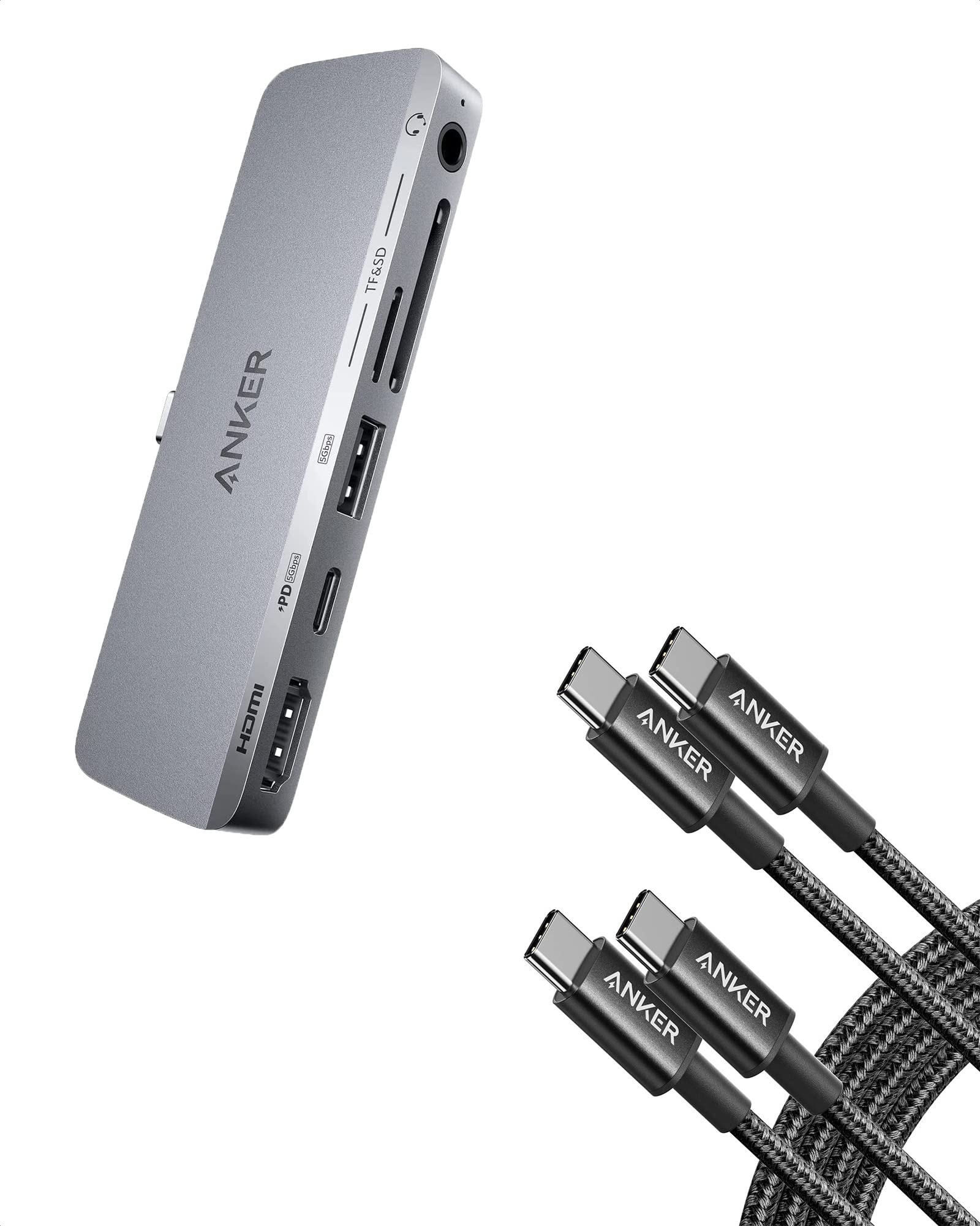Anker USB C Hub for iPad (Gray), 541 USB-C Hub (6-in-1), with 4K HDMI Port, Multi-Function USB C Port New Nylon USB C to USB C Charger Cable (6ft, 60W, 2-Pack)