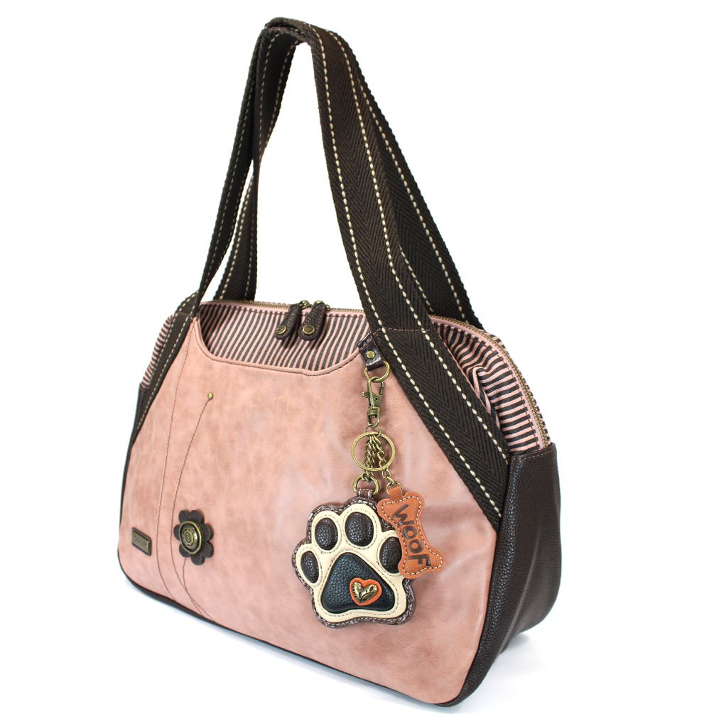 CHALA Handbags Dust Rose Shoulder Purse Tote Bag with Key Fob/Coin Purse - Dusty Rose (Ivory Pawprint - Dusty Rose)