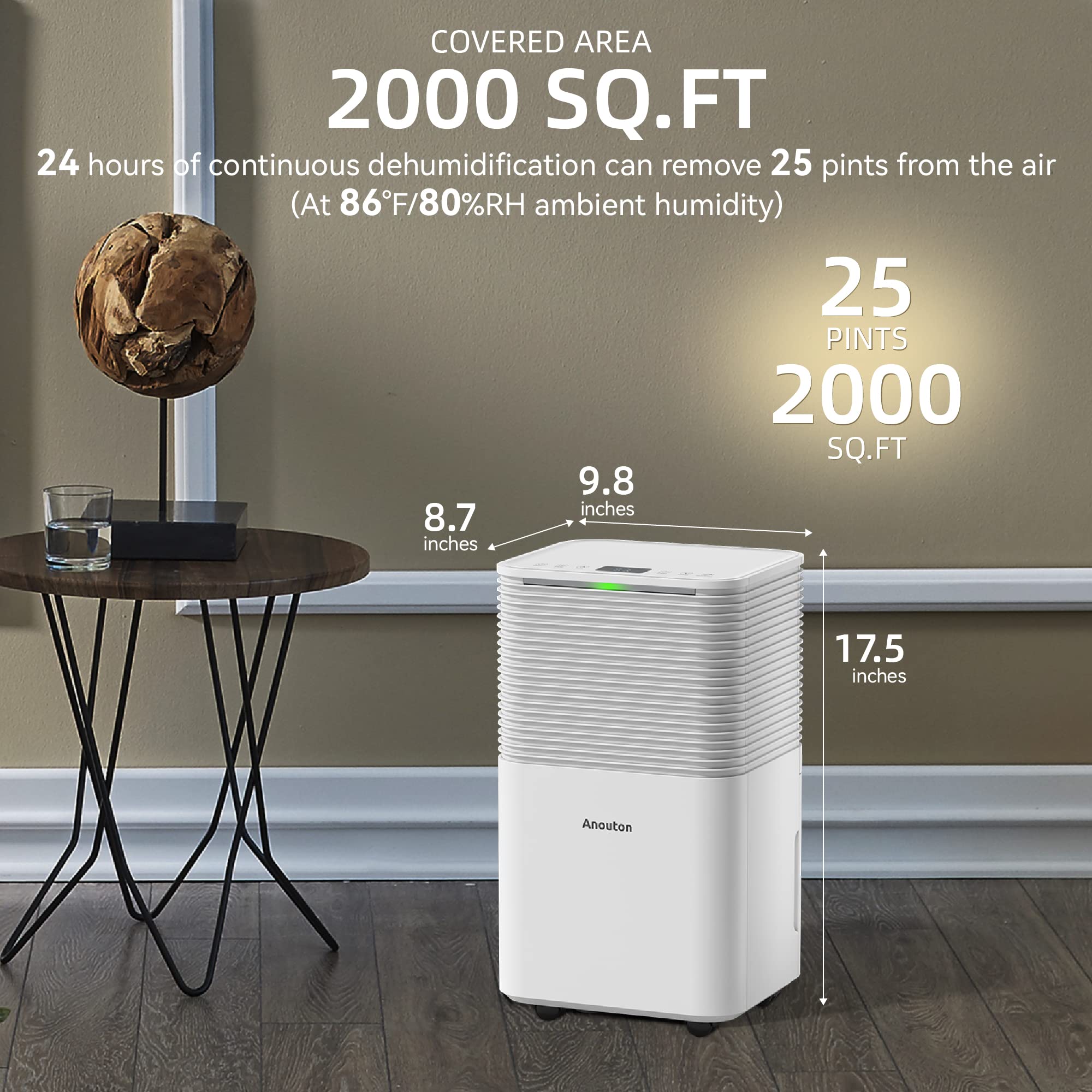 Anouton 2,000 Sq. Ft. Dehumidifier For Large Room or Basements, Bedroom, Dehumidifier With Drain Hose, With Digital Control Panel,Overheat Protection (White)