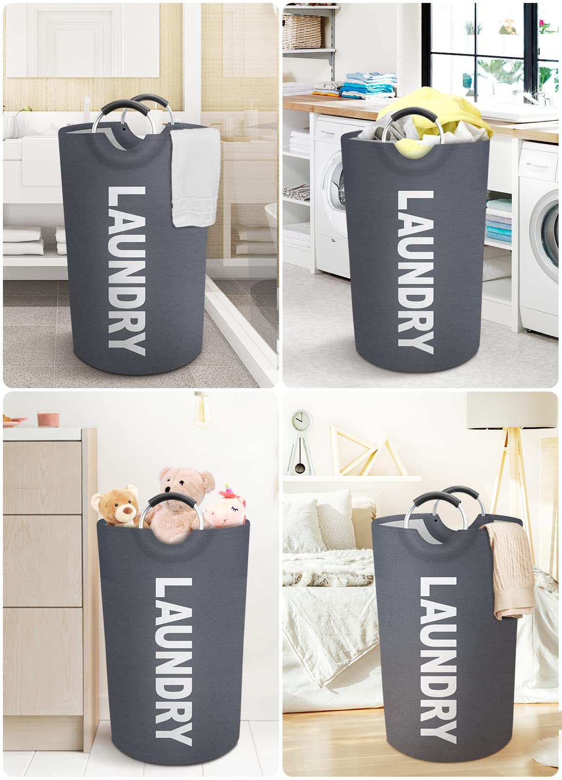 BlissTotes Large Laundry Basket Laundry Hamper Bag Washing Bin Clothes Bag Collapsible Tall With Handles Waterproof Travel Bathroom College Essentials Storage For College Dorm, Family (Grey, L)