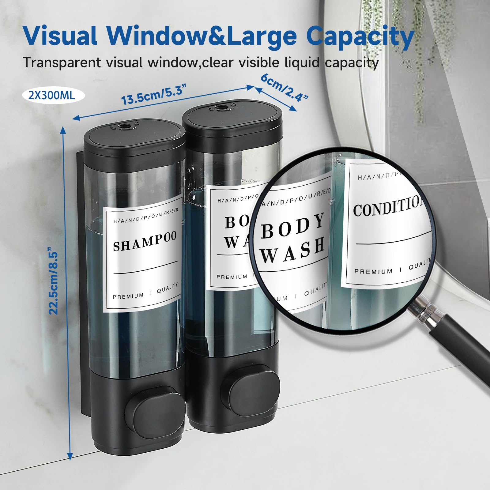 Shampoo and Conditioner Dispenser,Unisense Shower Soap Dispenser 2 Chamber No Drill Wall-Mounted Shampoo Dispenser for Shower Wall Mounted Shower Dispenser for Bathroom Hotel Large Capacity,Black
