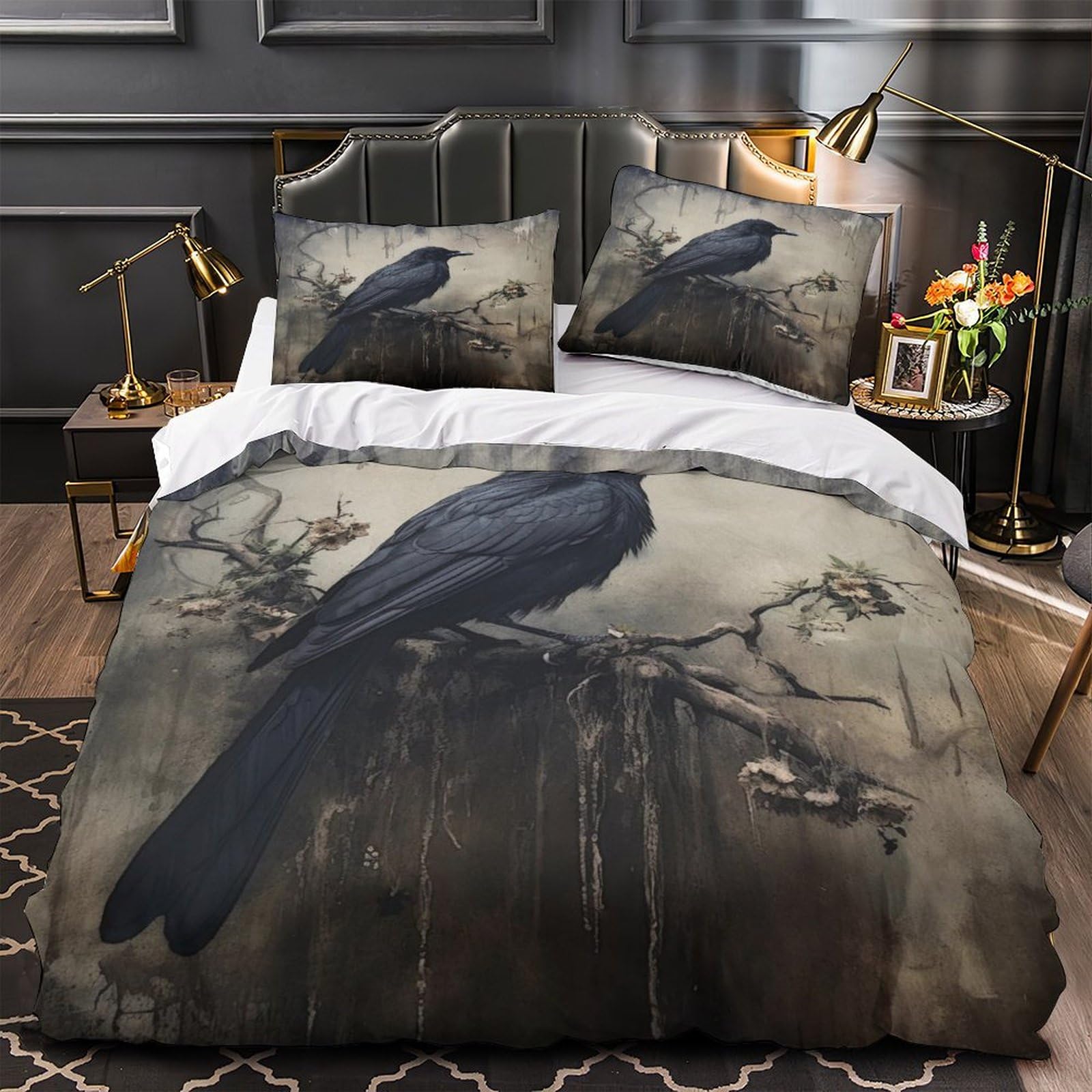 BUKISA 3D Printed Raven Comforter Cover Set for Kids Child Girls Boys Bedroom Textile Suit Skin-Friendly Crows Bedding Set Breathable Twin(173x218cm) Duvet Quilt with Pillowcases