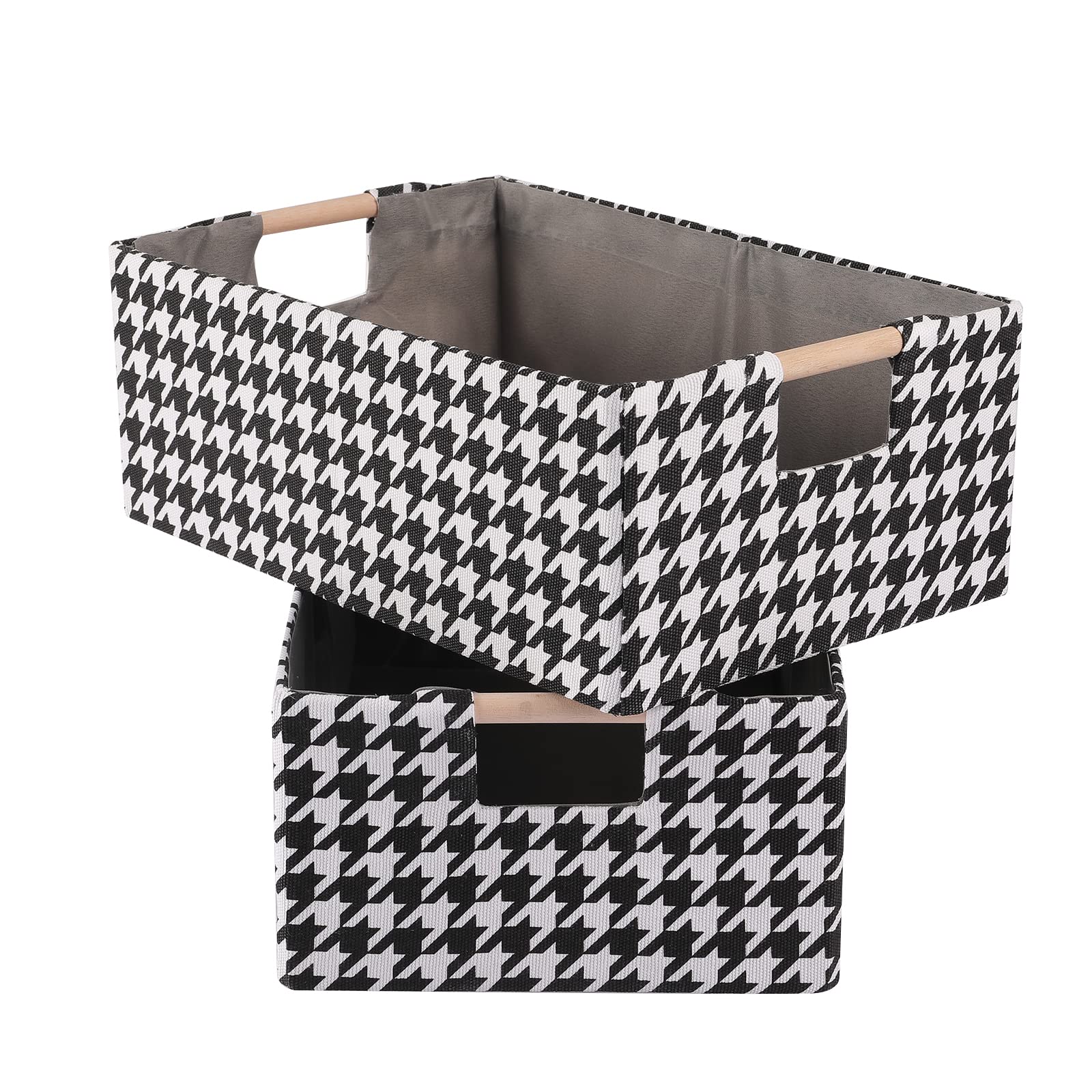 ANMINY 2PCS Storage Bins Set Foldable Cotton Linen Fabric Open Storage Baskets Box with Wood Handles Houndstooth Plaid Decorative Closet Shelf Clothes Towel Laundry Container - Black, Small