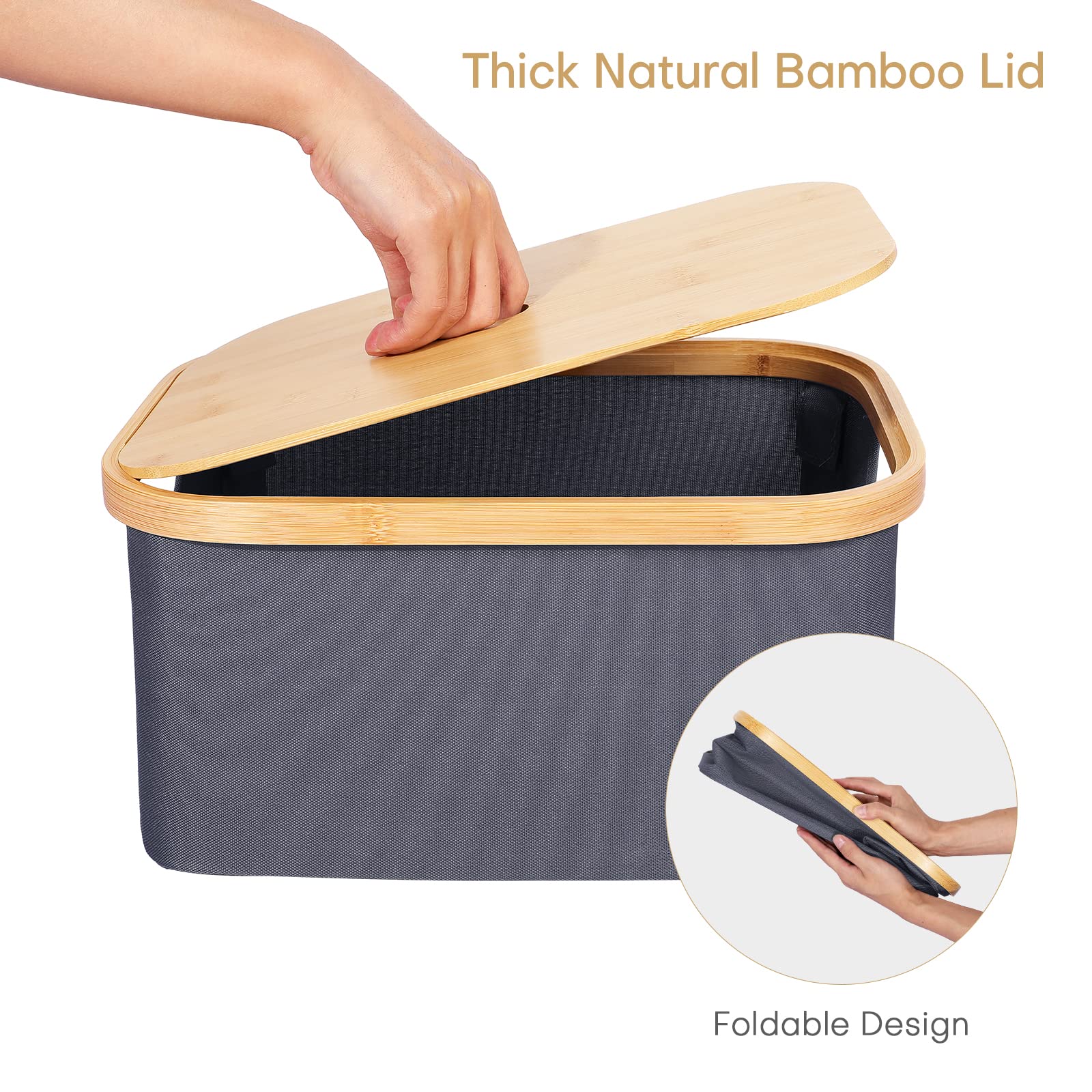 ANMINY Storage Bin with Removable Bamboo Lid Handles Canvas Basket Box Stackable Lidded Closet Cabinet Shelf Cube Foldable Decorative Clothes Organizer Laundry Container - Gray, Large