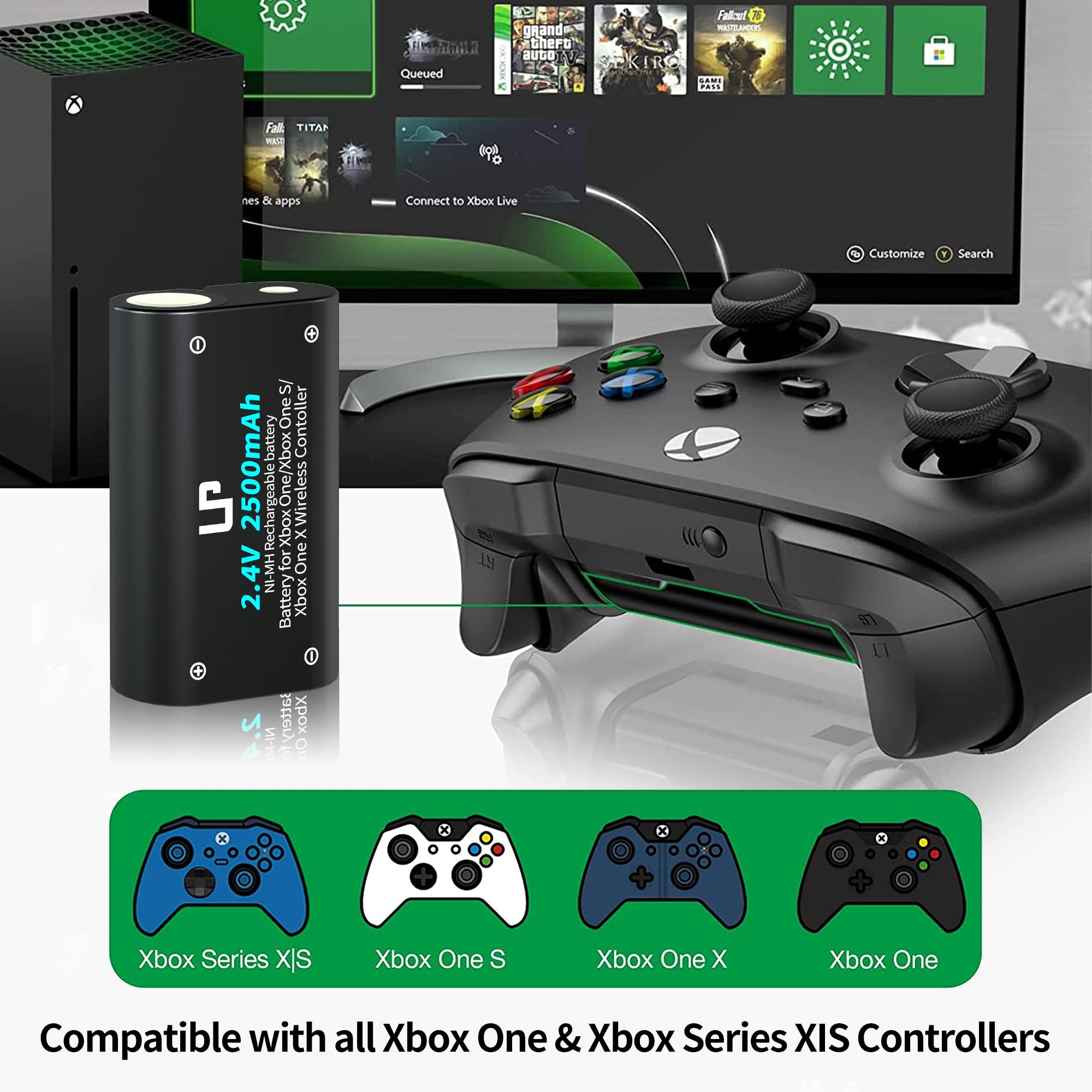 LP Xbox Controller Battery Charger Pack, 2 x 2500mAh Rechargeable Batteries with Charger Station for Xbox Series X|S, Xbox One S/One X/One Elite Controllers with LCD Dual Charger