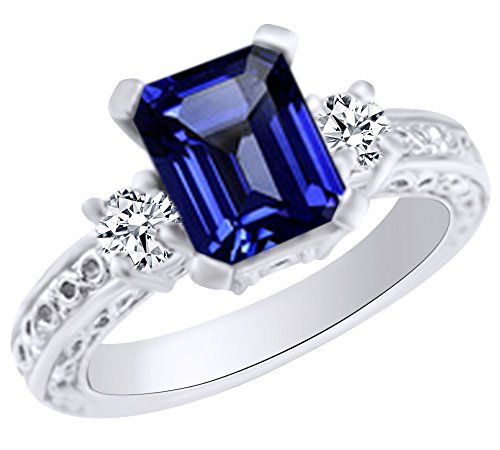 AFFY 3.04 cttw Simulated Tanzanite & White Natural Diamond Three Stone Engagement Wedding Ring in 14k White Gold with Ring Size 9.5