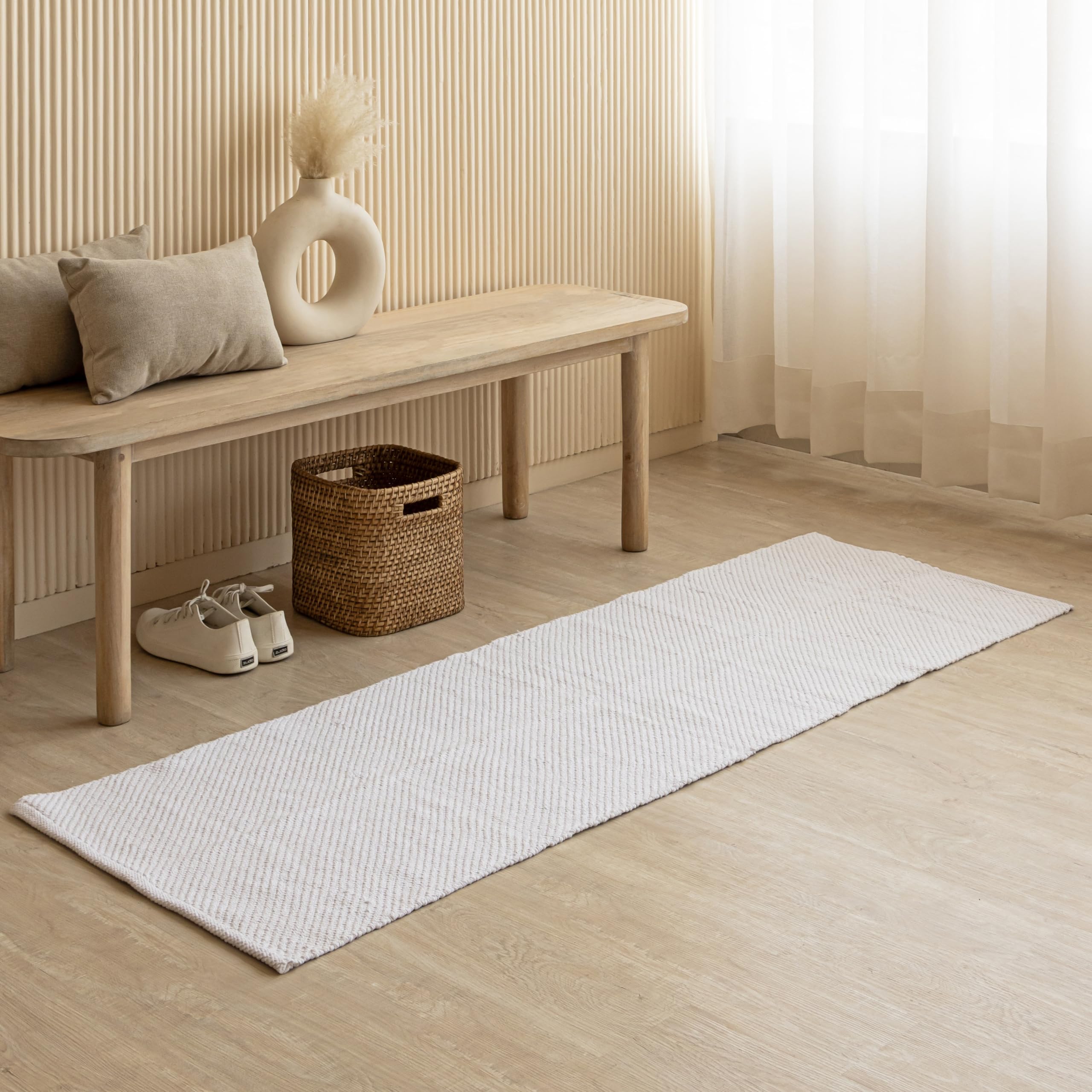 HOMEMONDE Herringbone Cotton Area Rug - 2' x 6' Abstract Accent Runner - Reversible Boho Lightweight Throw Rug for High Traffic Areas Kitchen, Mudroom, Entryway (White)