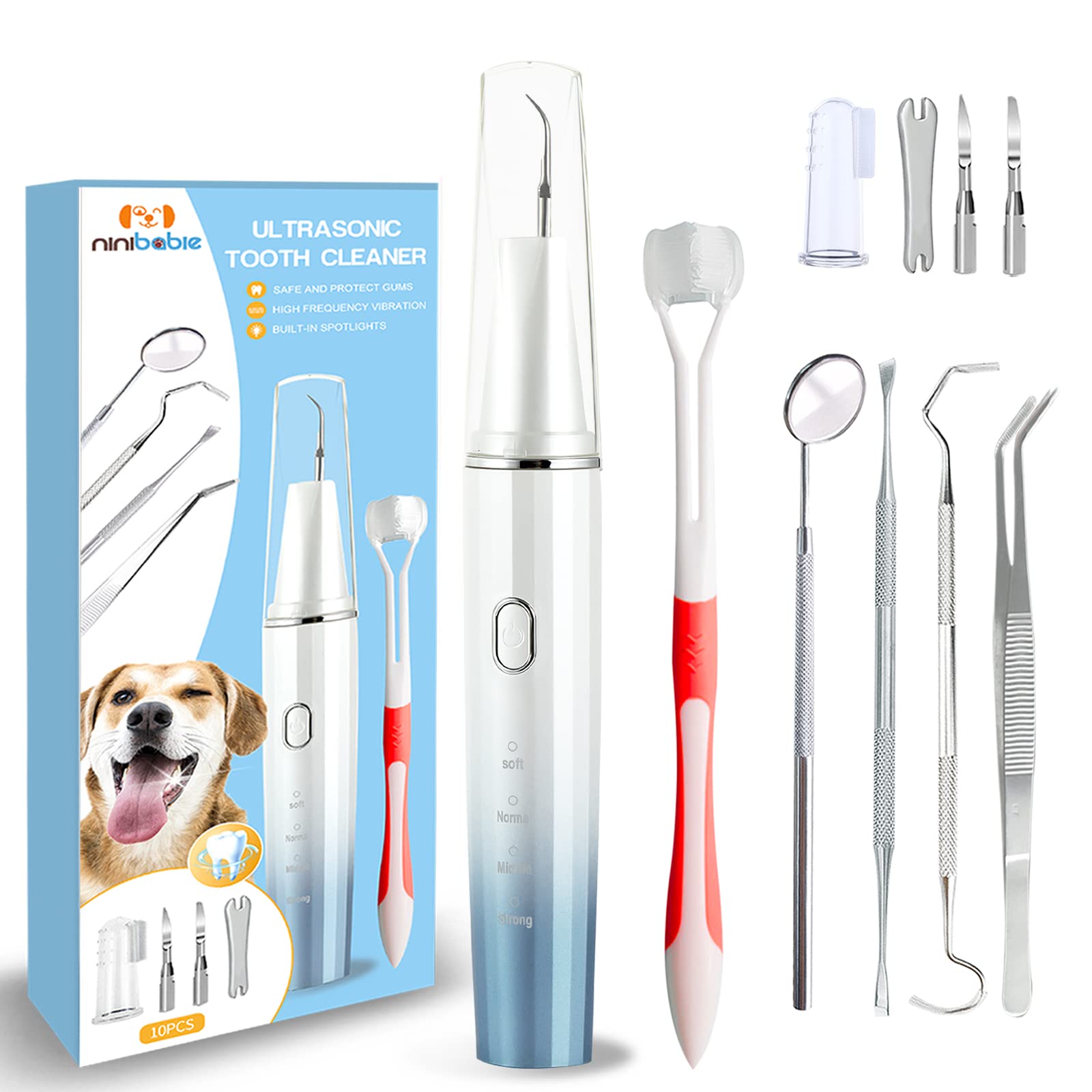 Ninibabie Dog Tooth Brusing Kit,Plaque and Tartar Remover for Teeth,Pet Dental Care Kit,4 Modes Pet Ultrasonic Tooth Cleaner,Dog Toothbrush,Dental Care for Dogs