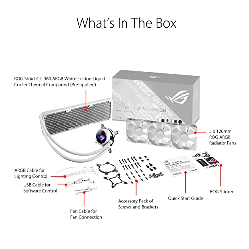 ASUS ROG Strix LC II 360 ARGB White Edition All-in-one AIO Liquid CPU Cooler 360mm Radiator, Intel LGA1700, 115x/2066 and AMD AM4/TR4 Support, Triple 120mm 4-pin PWM Addressable RGB Radiator Fans