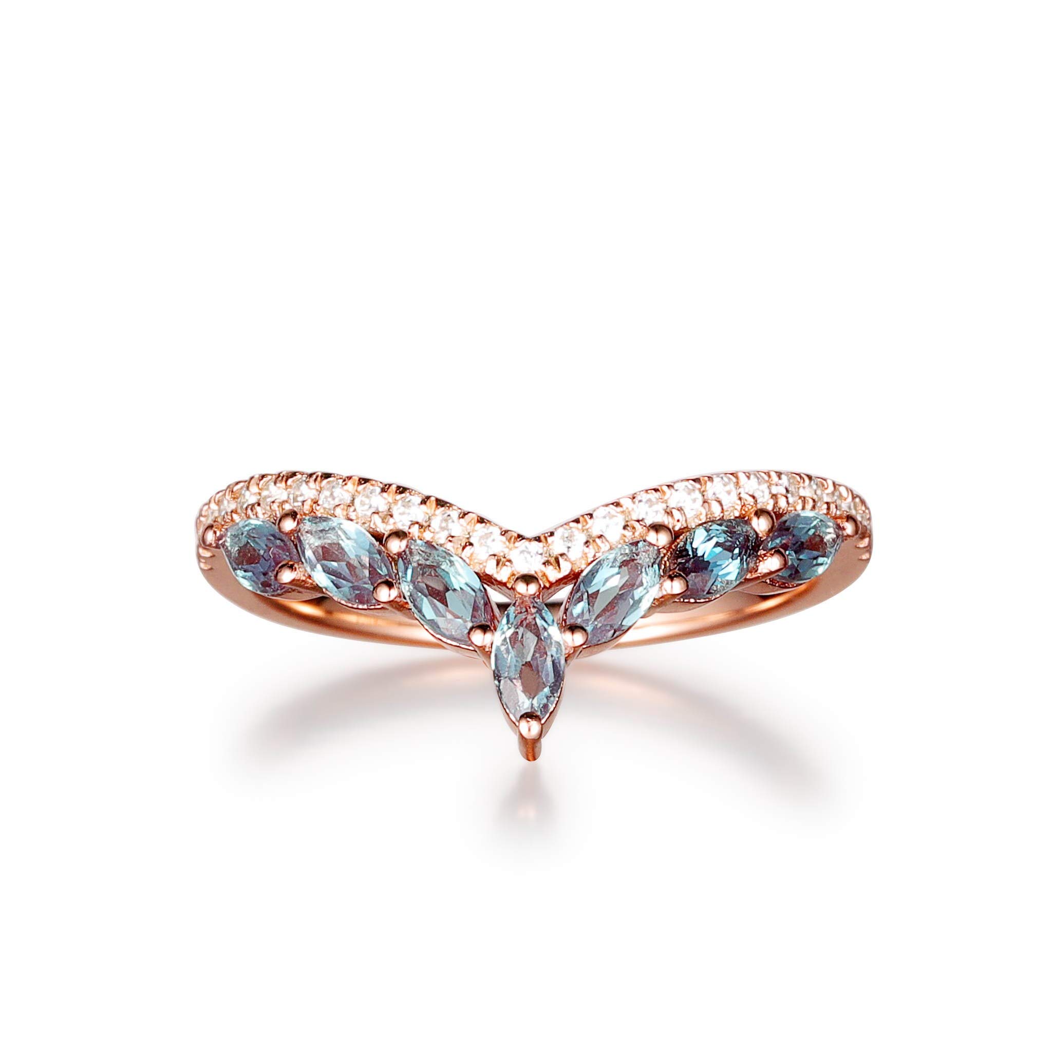Alexandrite Sterling Silver Rose Gold CZ Diamond Wedding Band Stackable Matching Stacking Engagement Bridal Ring Statement Women Curved Chevron