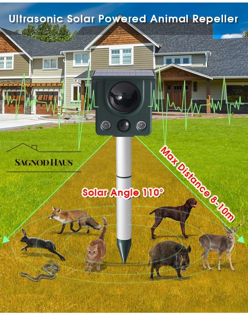 Animal Repellent Outdoor,Ultrasonic Pest Repeller with Motion, Light Sensor and Sound for Cat/Birds/Deer/Skunk/Rat/Squirrel. Deterrent Devices for Yard, Garden, Farm or Patio