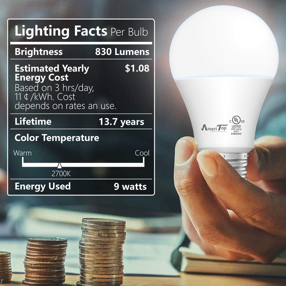 AmeriTop A19 LED Light Bulbs- 6 Pack, Efficient 9W(60W Equivalent) 830 Lumens General Lighting Bulbs, UL Listed, Non-Dimmable, E26 Standard Base (5000K DayLight)