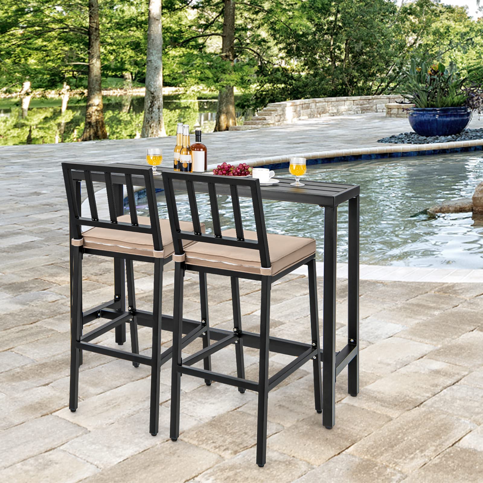 COSTWAY 3 Piece Outdoor Patio Bar Set, 48" Rectangular Pub Height High Top Bar Table with 2 Cushioned Bar Stools, Metal Bar Table and Chairs Set for Balcony, Backyard, Porch